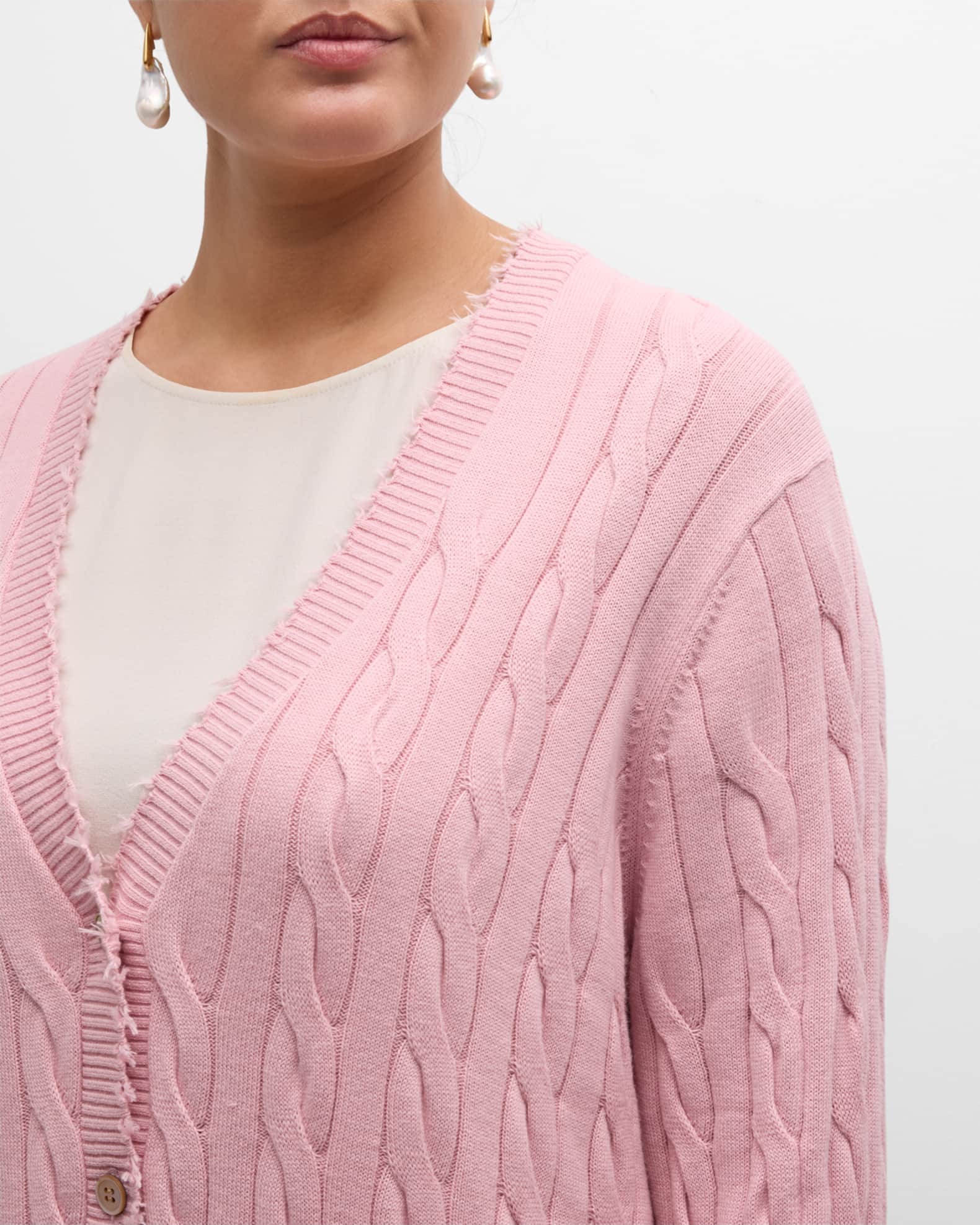 Minnie Rose Plus Size Frayed Cable-Knit Cardigan | Neiman Marcus