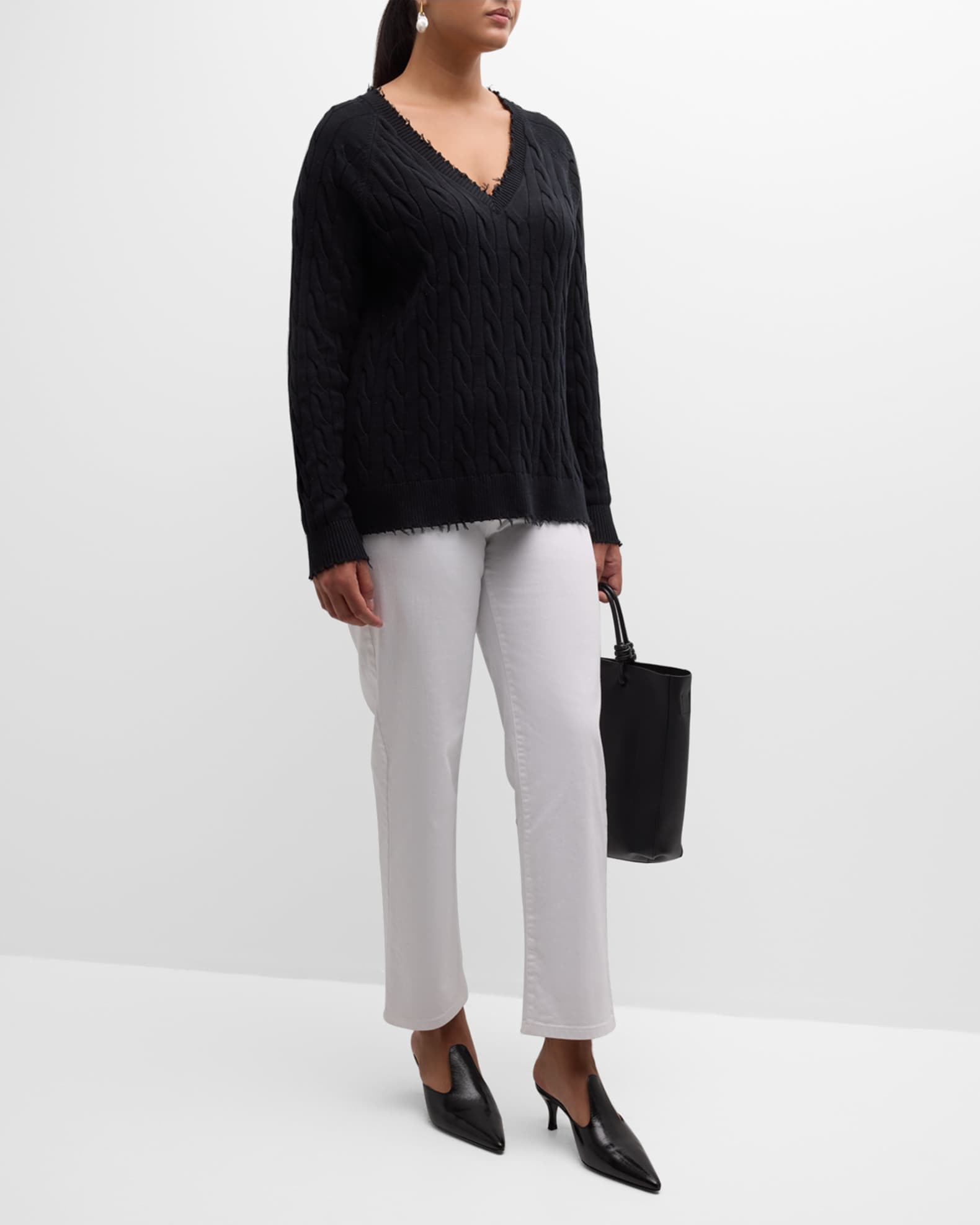 Minnie Rose Plus Size Frayed Cable-Knit Sweater | Neiman Marcus