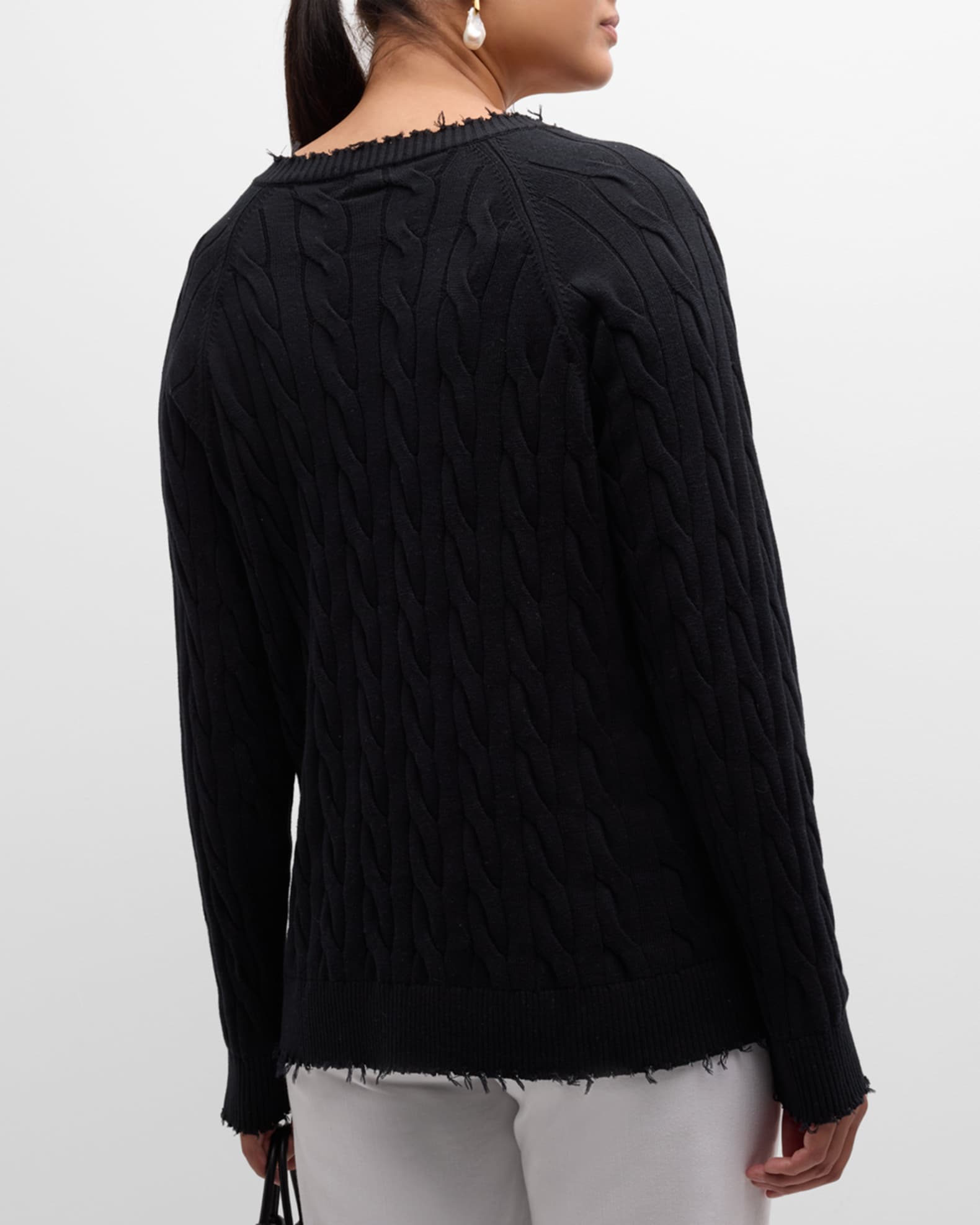 Minnie Rose Plus Size Frayed Cable-Knit Sweater | Neiman Marcus