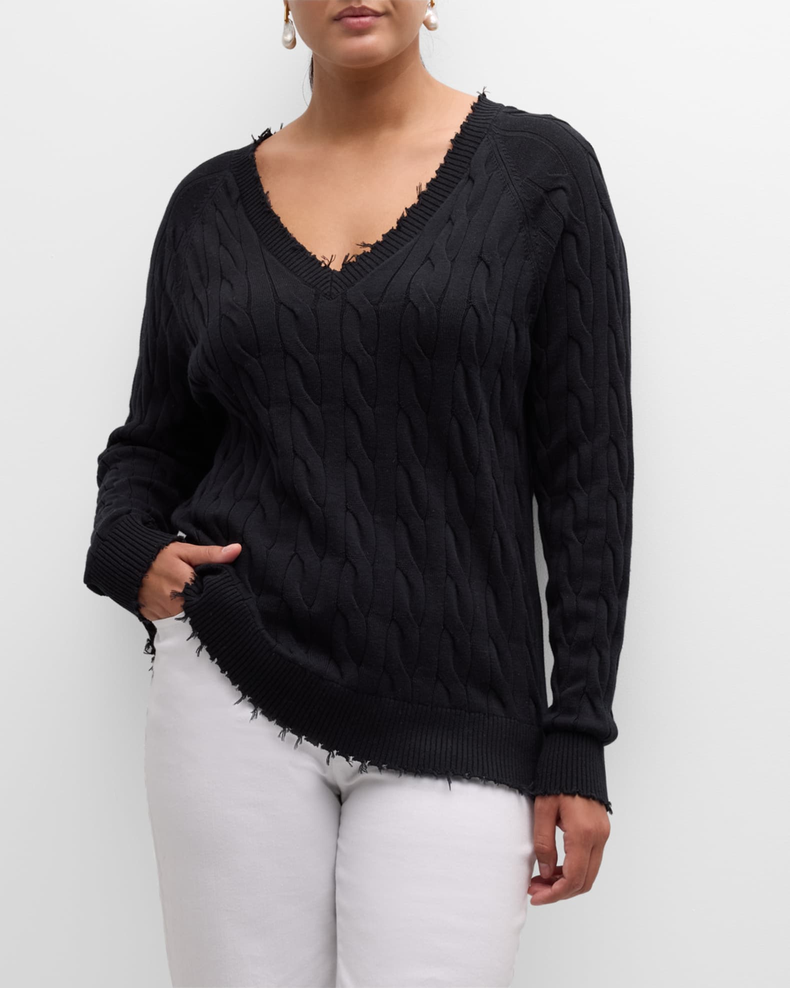 Minnie Rose Plus Size Frayed Cable-Knit Sweater | Neiman Marcus