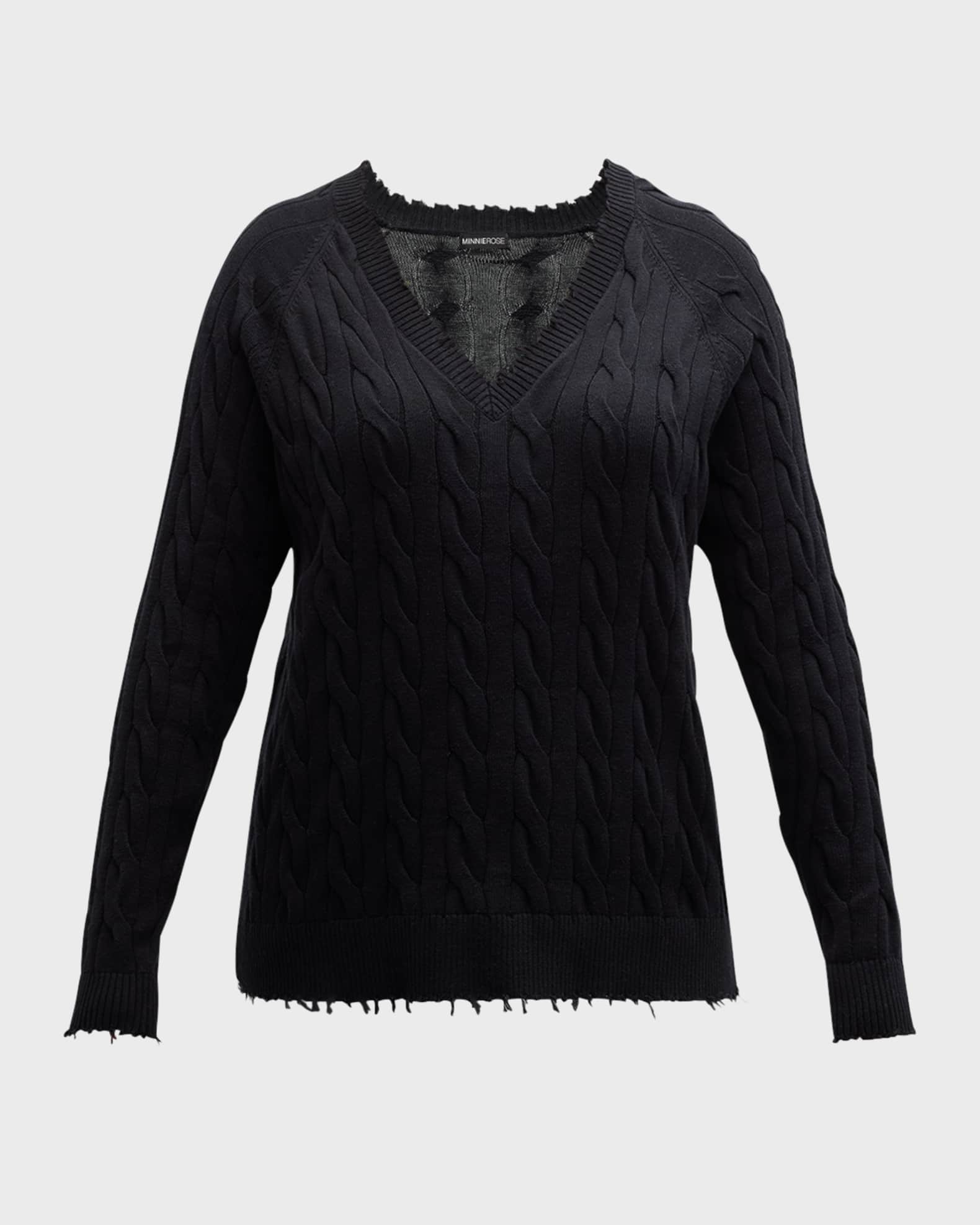 Minnie Rose Plus Size Frayed Cable-Knit Sweater | Neiman Marcus