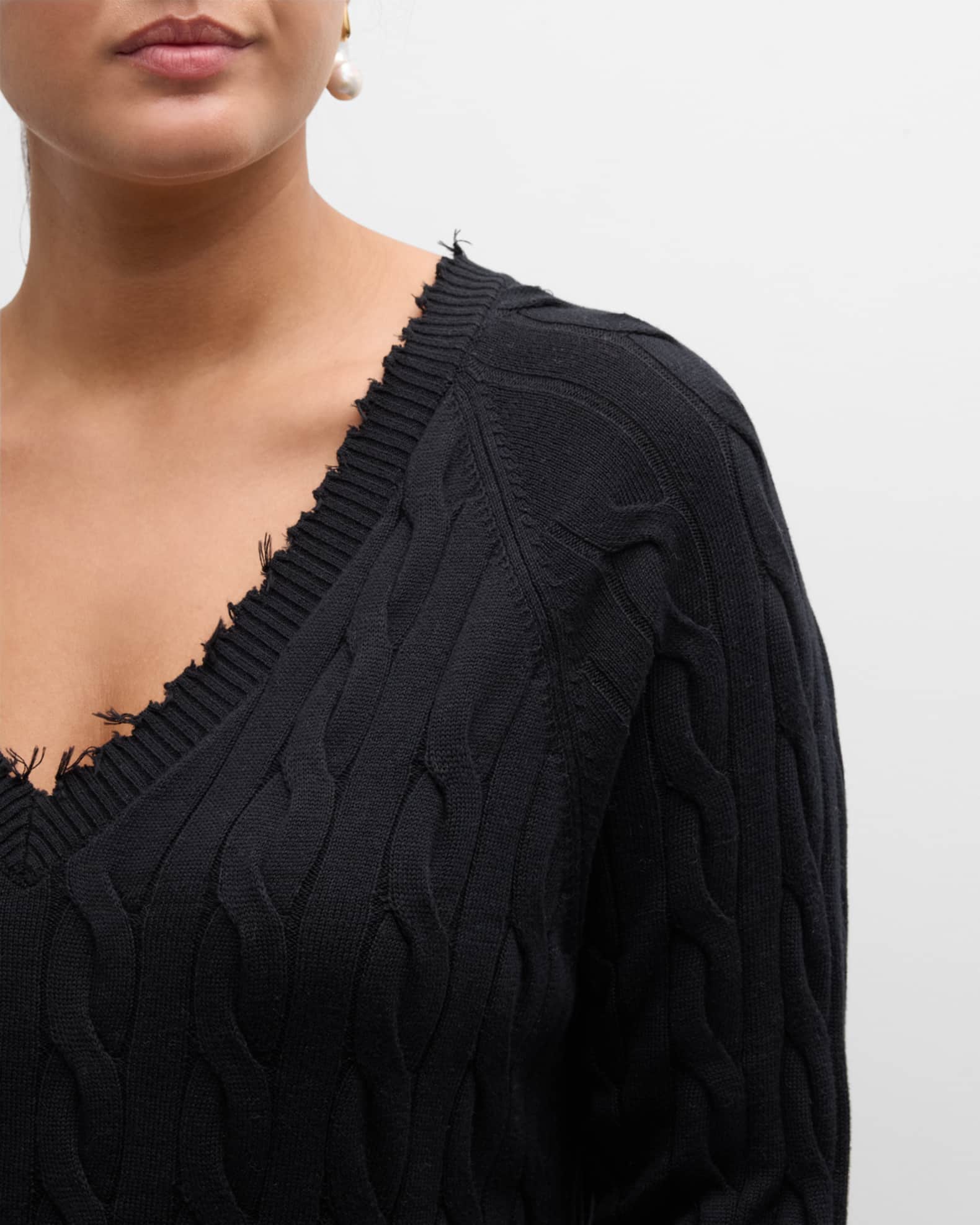 Minnie Rose Plus Size Frayed Cable-Knit Sweater | Neiman Marcus