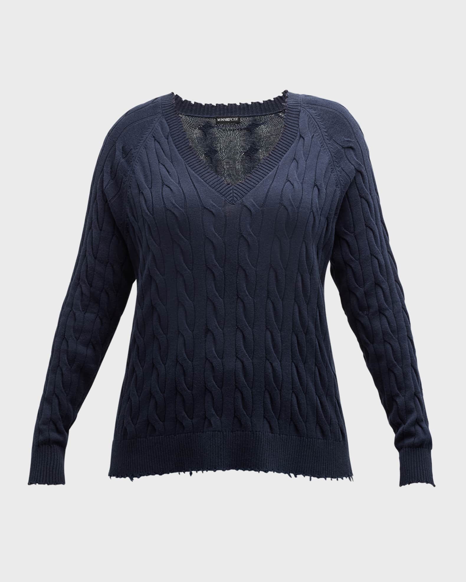Minnie Rose Plus Size Frayed Cable-Knit Sweater | Neiman Marcus