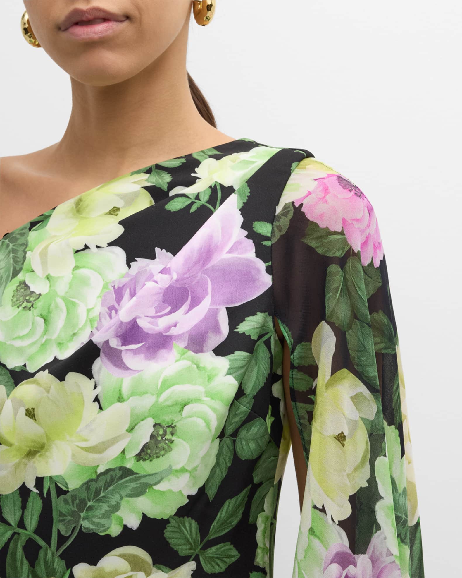 Rickie Freeman for Teri Jon One-Shoulder Floral-Print Dress | Neiman Marcus
