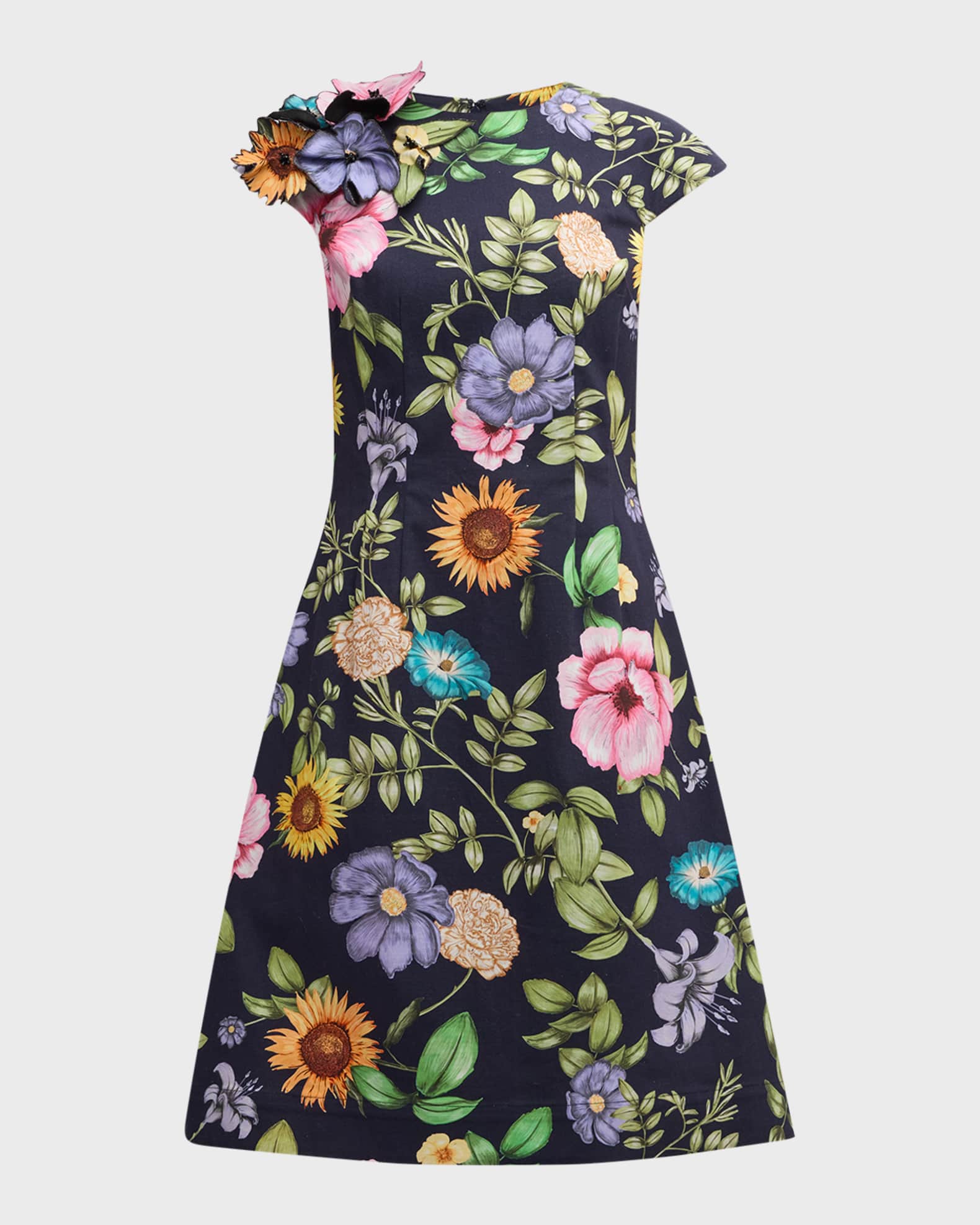 Rickie Freeman for Teri Jon Floral-Print Beaded Applique Dress | Neiman ...