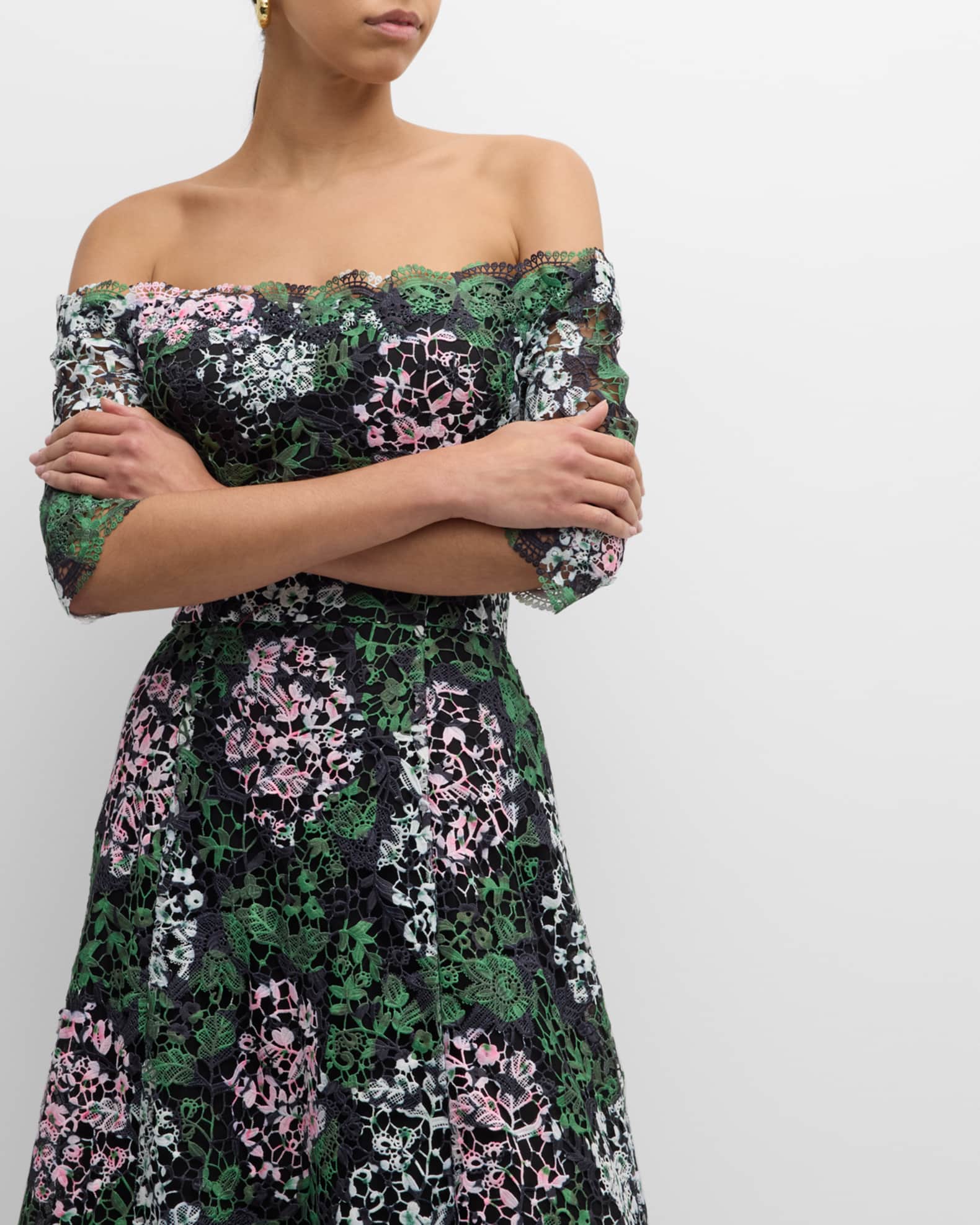 Rickie Freeman for Teri Jon Off-Shoulder Floral Lace Midi Dress ...