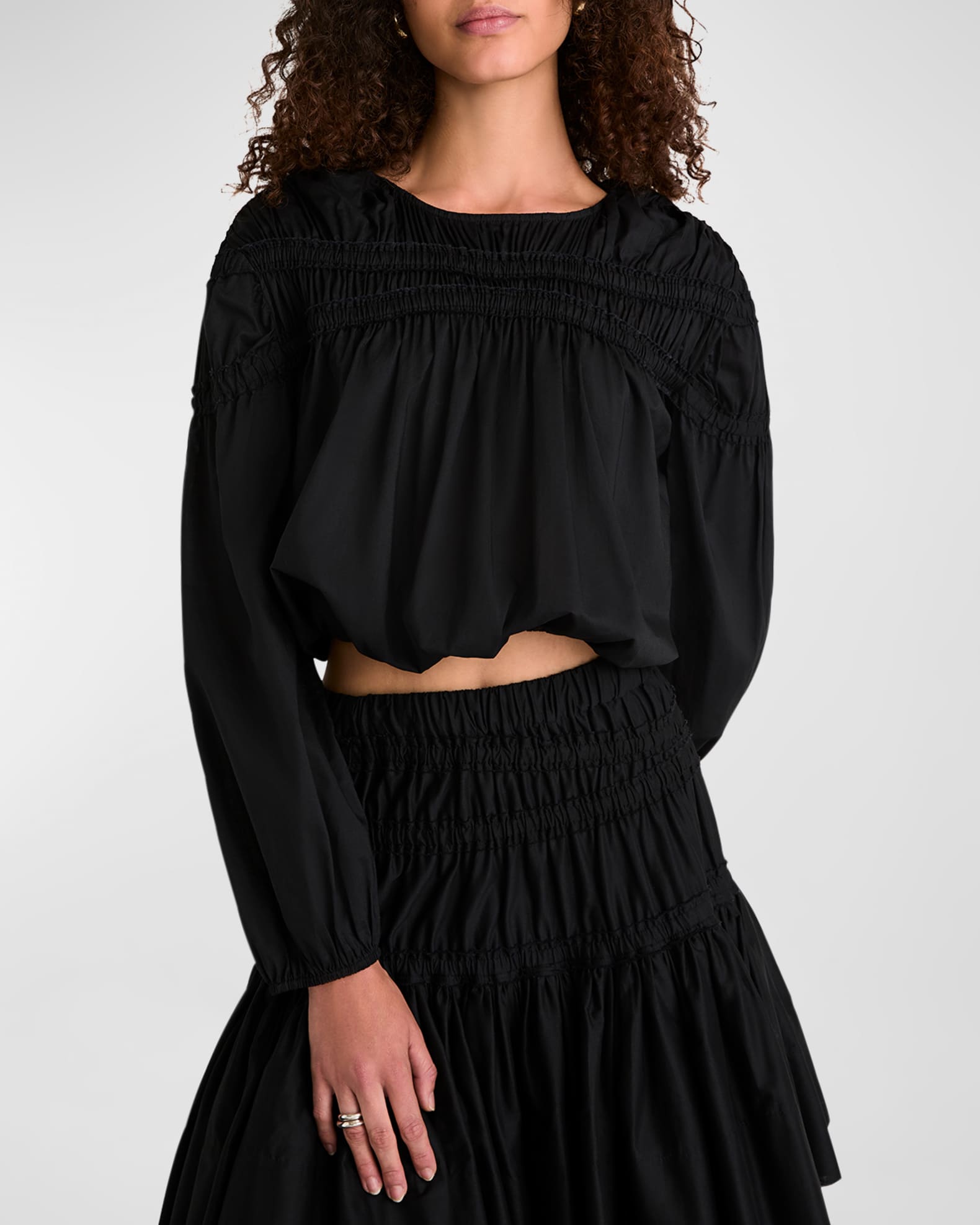 Merlette Ciel Smocked Blouson-Sleeve Crop Top | Neiman Marcus