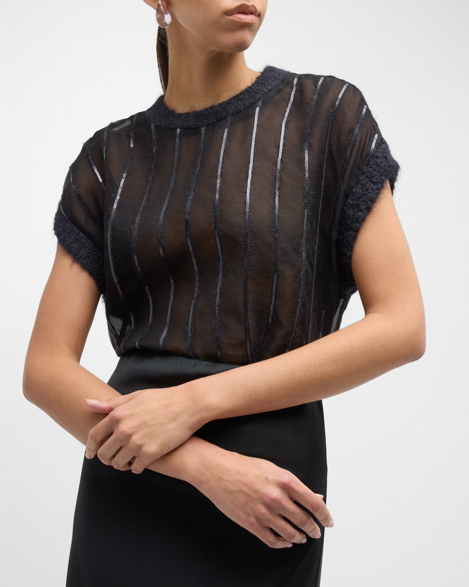 Brunello Cucinelli Sequin Wool Striped Crispy Silk Chiffon Blouse ...