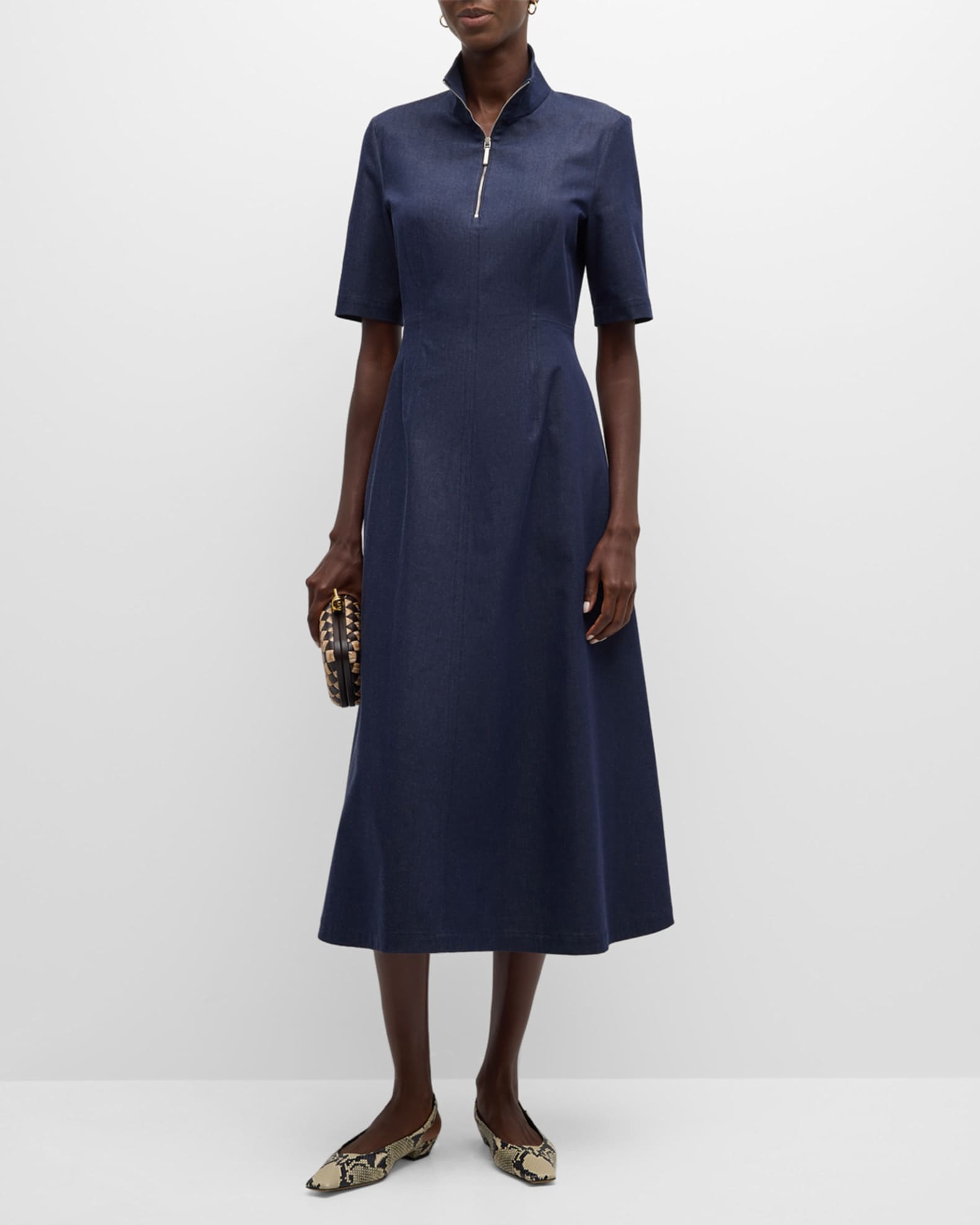 Rosetta Getty Denim Zip-Front High Neck Midi Dress | Neiman Marcus