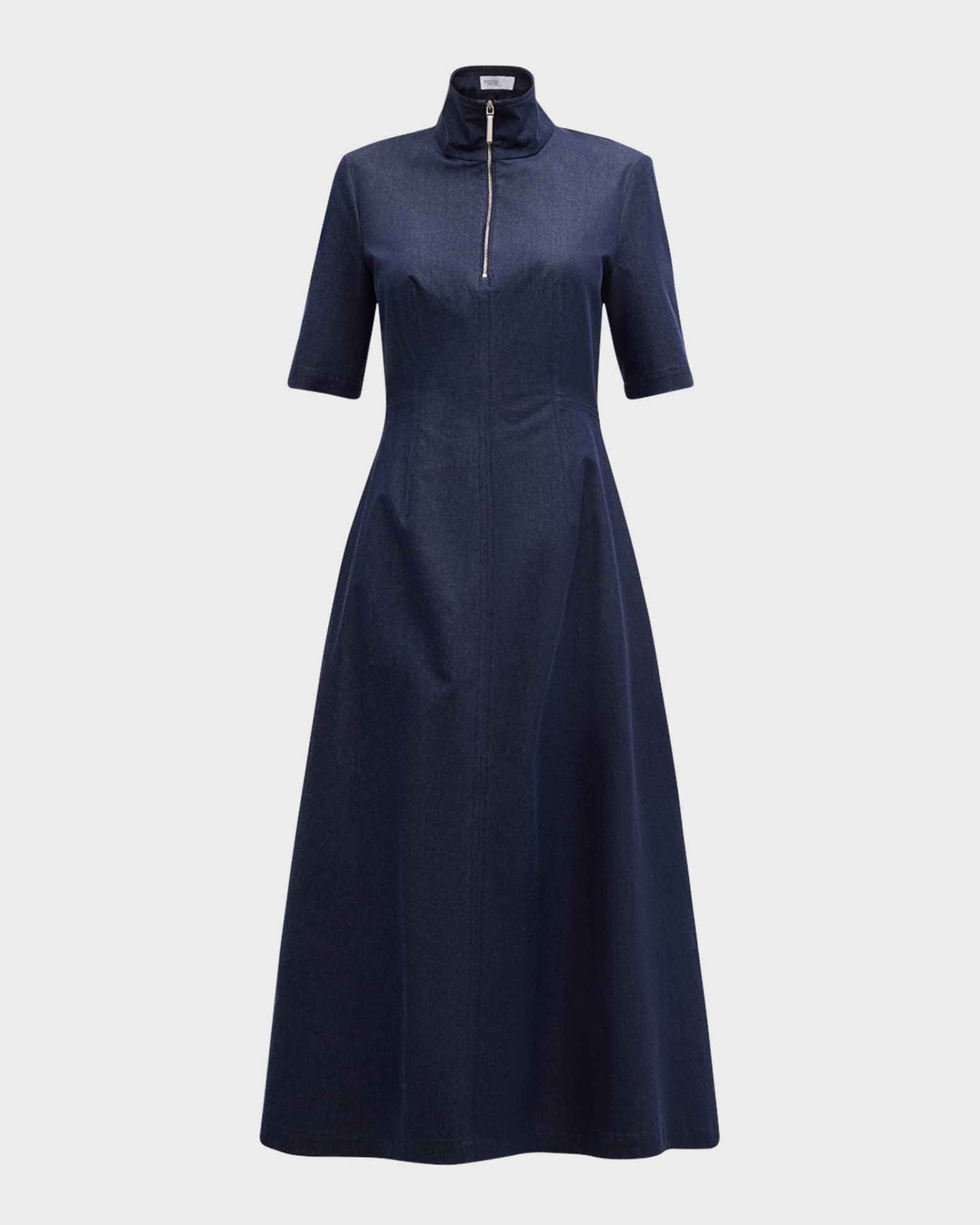 Rosetta Getty Denim Zip-Front High Neck Midi Dress | Neiman Marcus