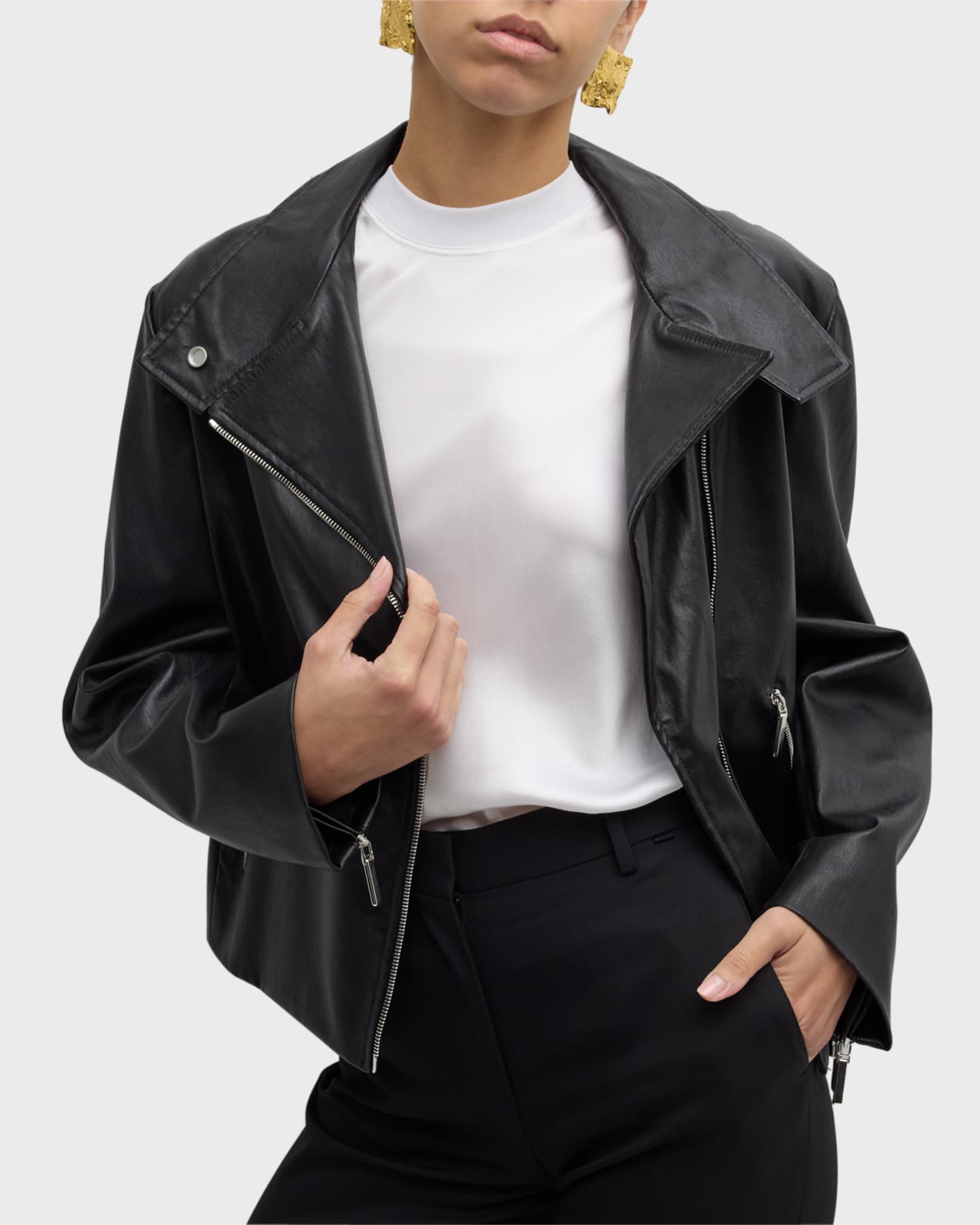 Rosetta Getty Leather Funnel Neck Moto Jacket | Neiman Marcus