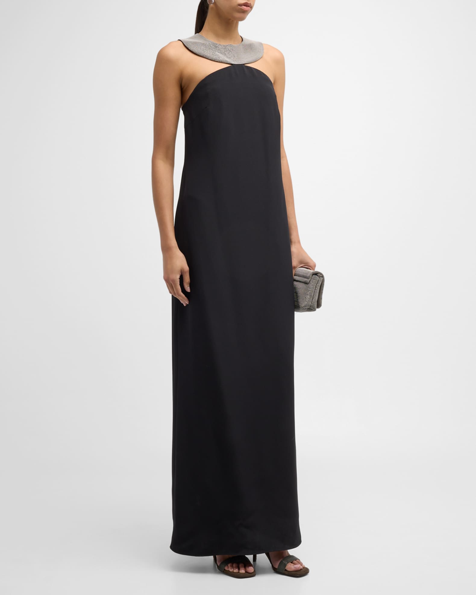 Brunello Cucinelli Monili-Collar Lightweight Silk Long Column Dress ...