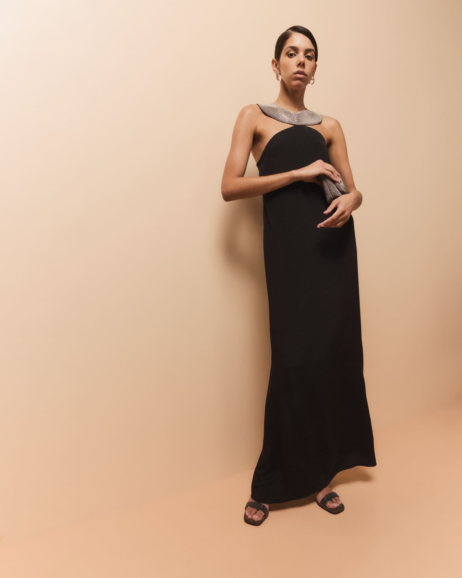 Brunello Cucinelli Monili-Collar Lightweight Silk Long Column Dress ...