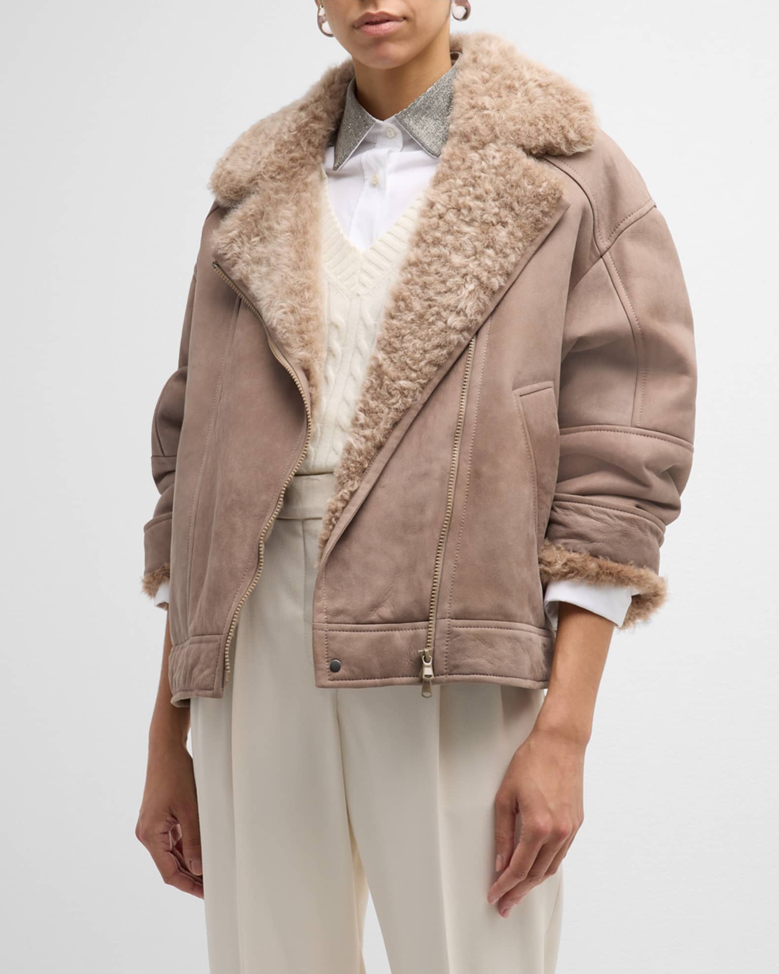 Brunello Cucinelli Bonded Suede With Shearling Oversized Moto Jacket ...
