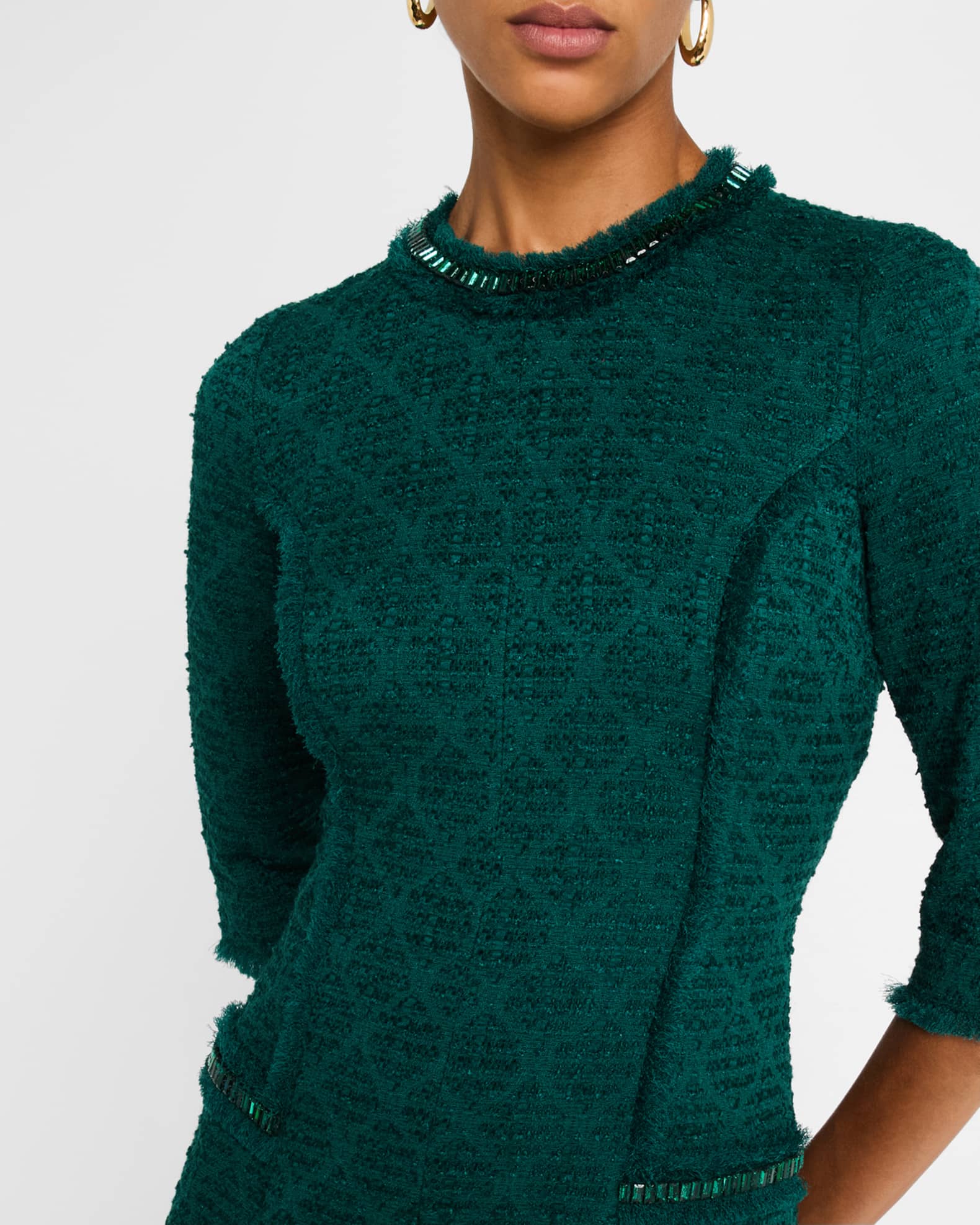 Rickie Freeman for Teri Jon Fringe-Trim Stretch Boucle Dress | Neiman ...