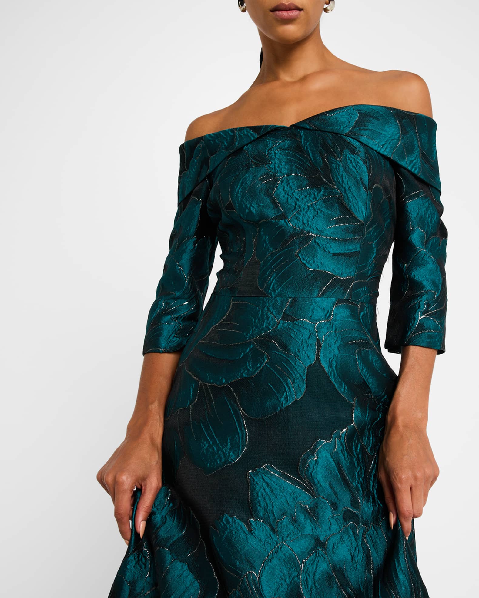 Rickie Freeman for Teri Jon Off-Shoulder Floral Jacquard Gown | Neiman ...