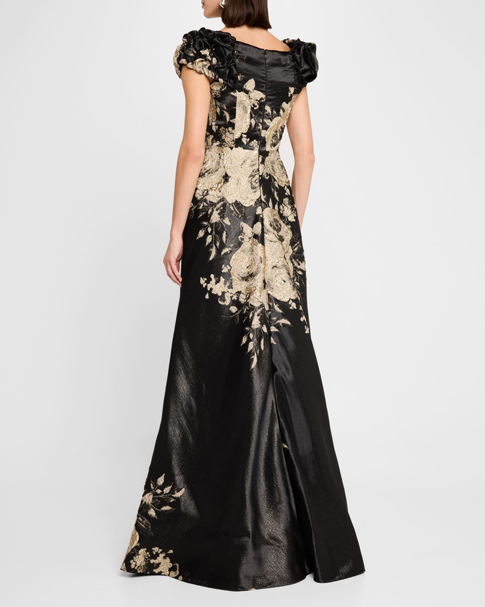 Rickie Freeman for Teri Jon Cap-Sleeve Floral Metallic Jacquard Gown ...
