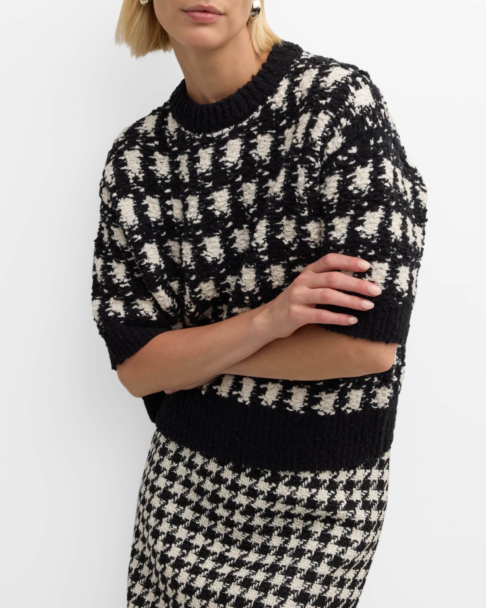 Lafayette 148 New York Elbow-Sleeve Houndstooth Sweater | Neiman Marcus