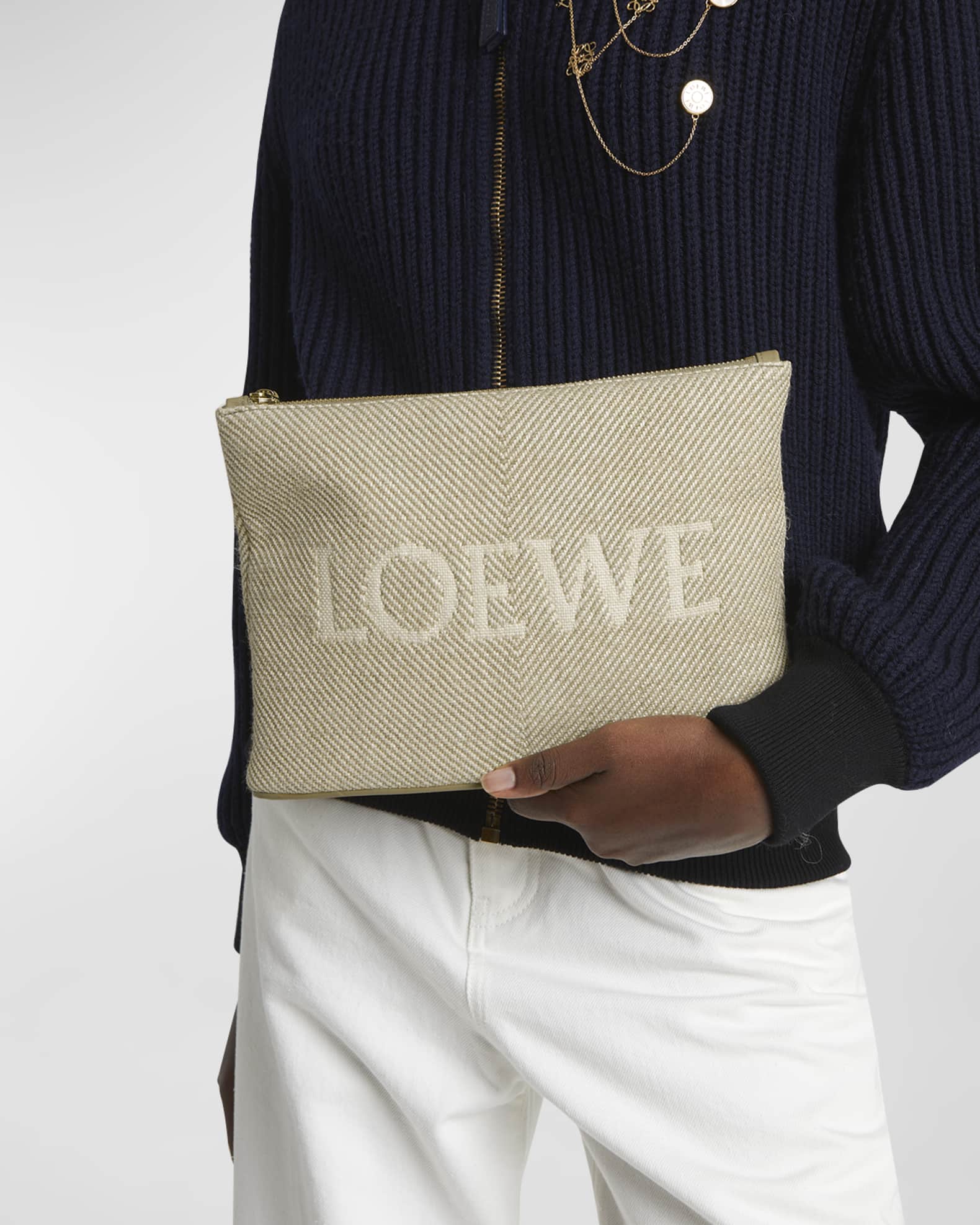 Loewe Oblong Logo Canvas Pouch Bag | Neiman Marcus