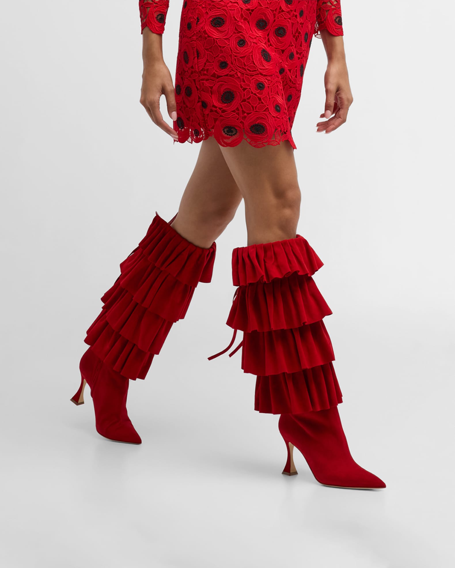 Manolo Blahnik Miralone Ruffled Suede Knee Boots | Neiman Marcus