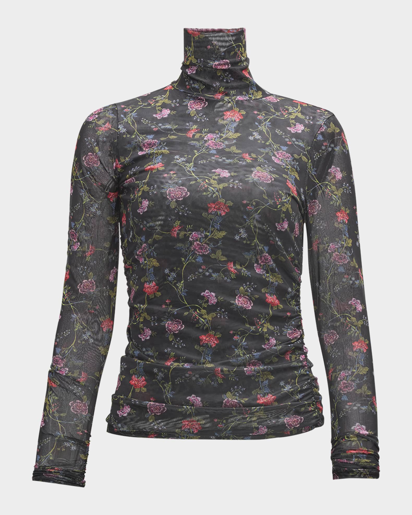 Cinq a Sept Hana Floral Shirred Mesh Turtleneck Top | Neiman Marcus