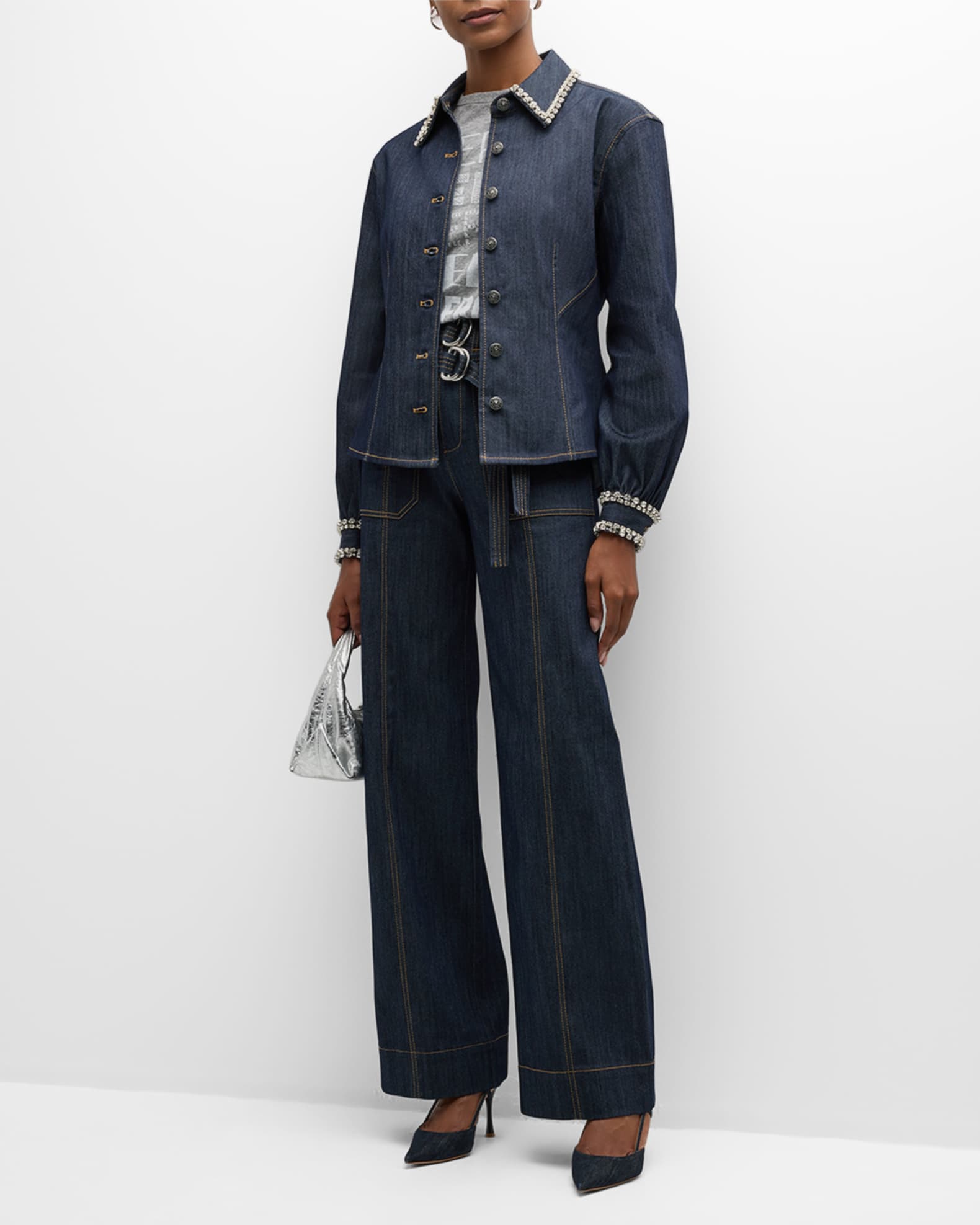 Cinq a Sept Autumn Embellished Denim Button-Front Top | Neiman Marcus