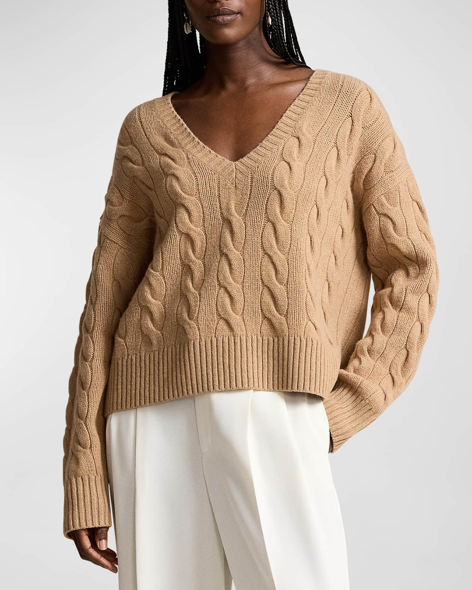 Polo Ralph Lauren Cable-Knit Wool-Cashmere V-Neck Sweater | Neiman Marcus