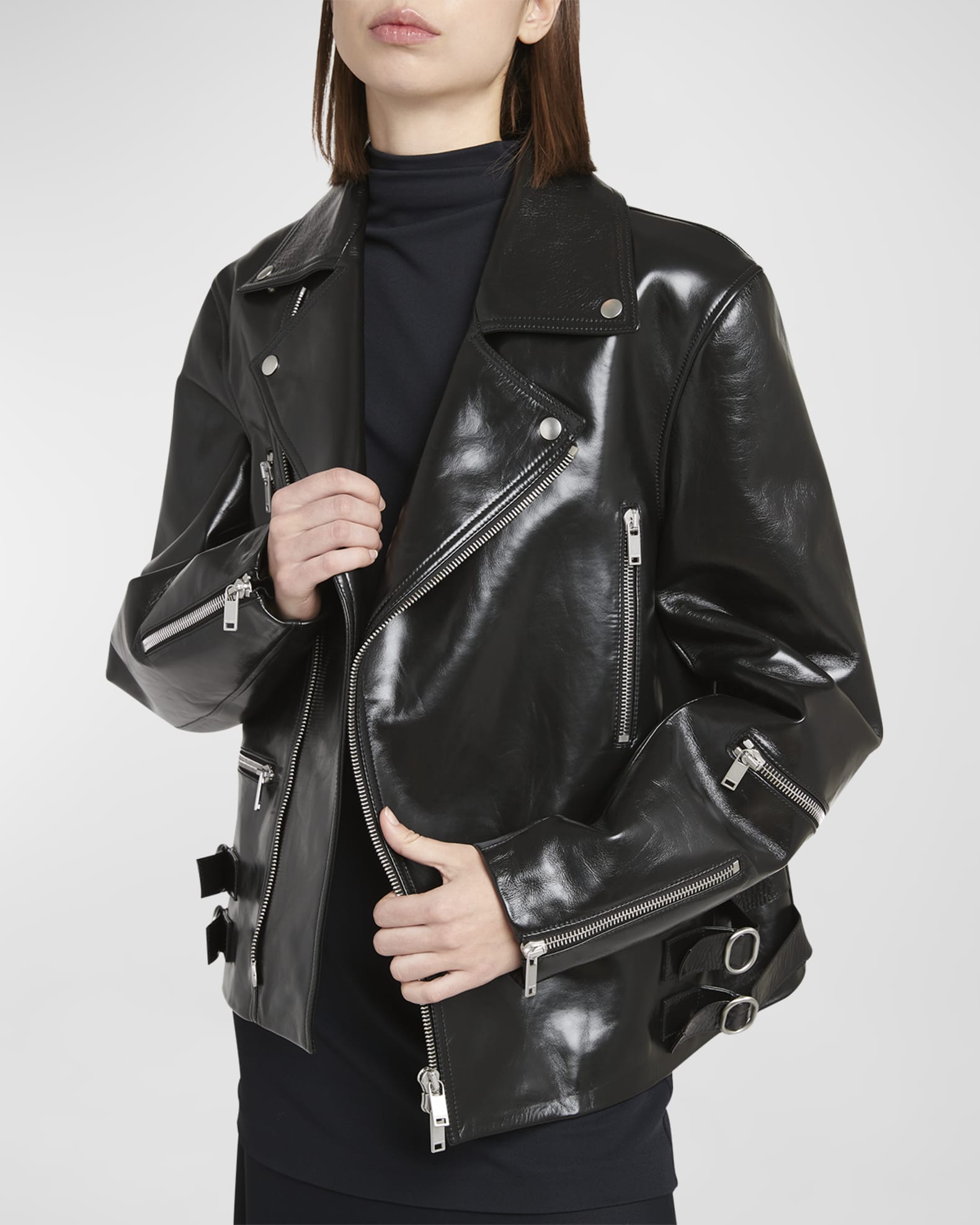 Jil Sander Shiny Calf Leather Biker Jacket | Neiman Marcus