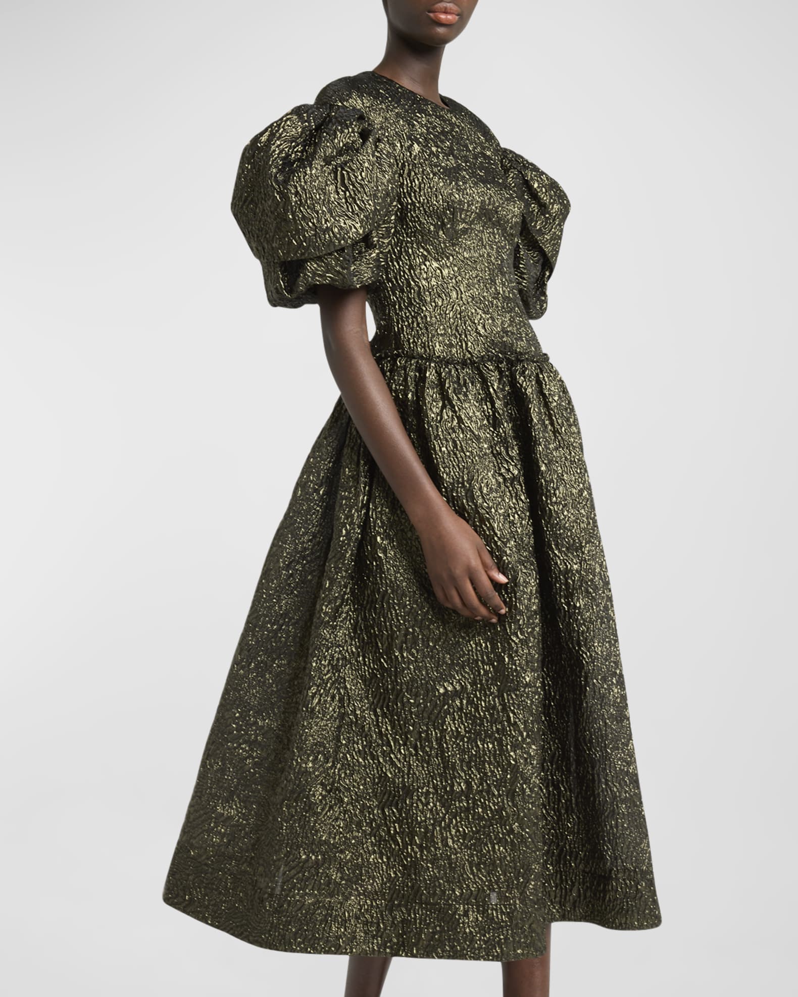 Simone Rocha Metallic Cloqué Puff-Sleeve Sculpted Corset Maxi Dress ...