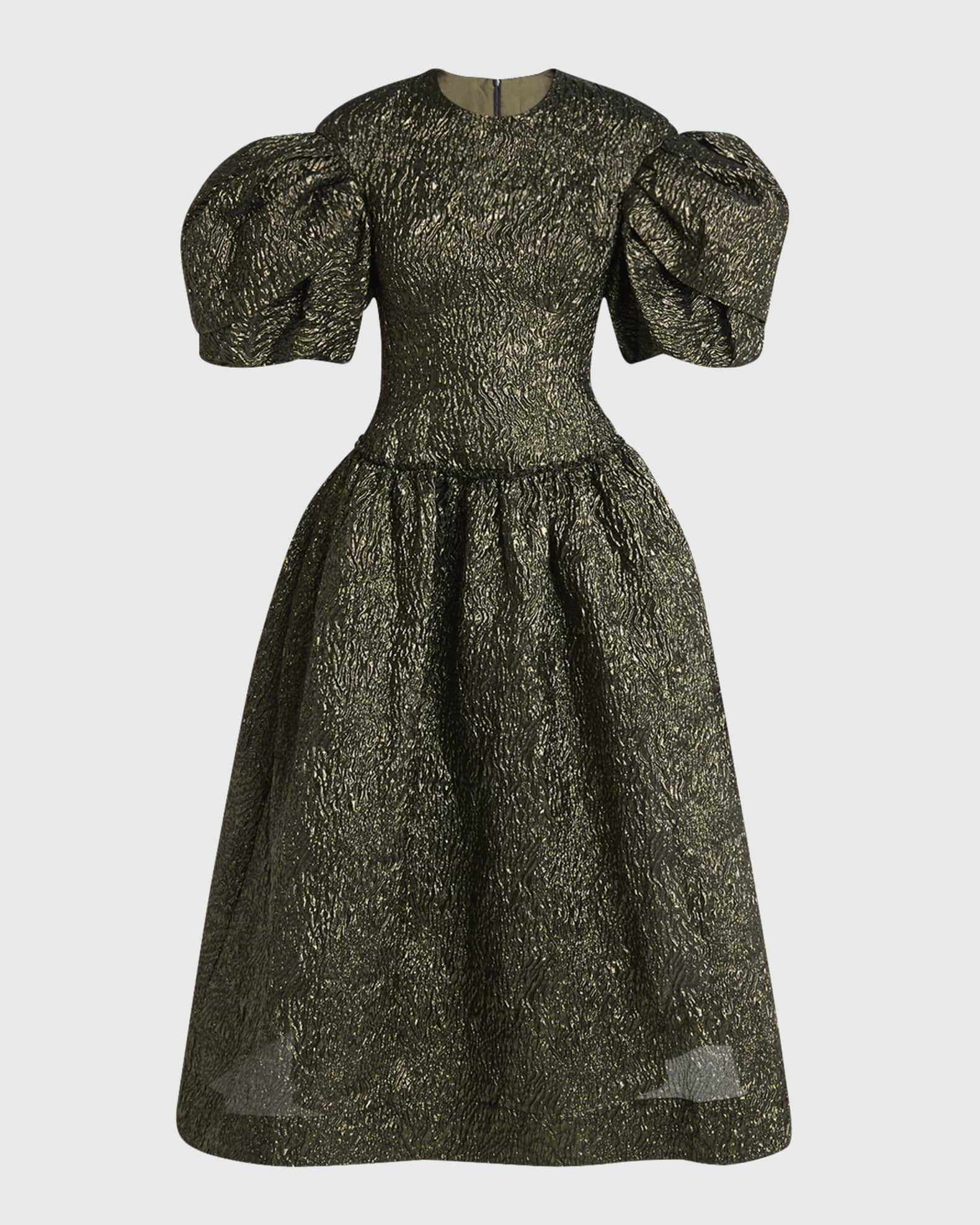 Simone Rocha Metallic Cloqué Puff-Sleeve Sculpted Corset Maxi Dress ...