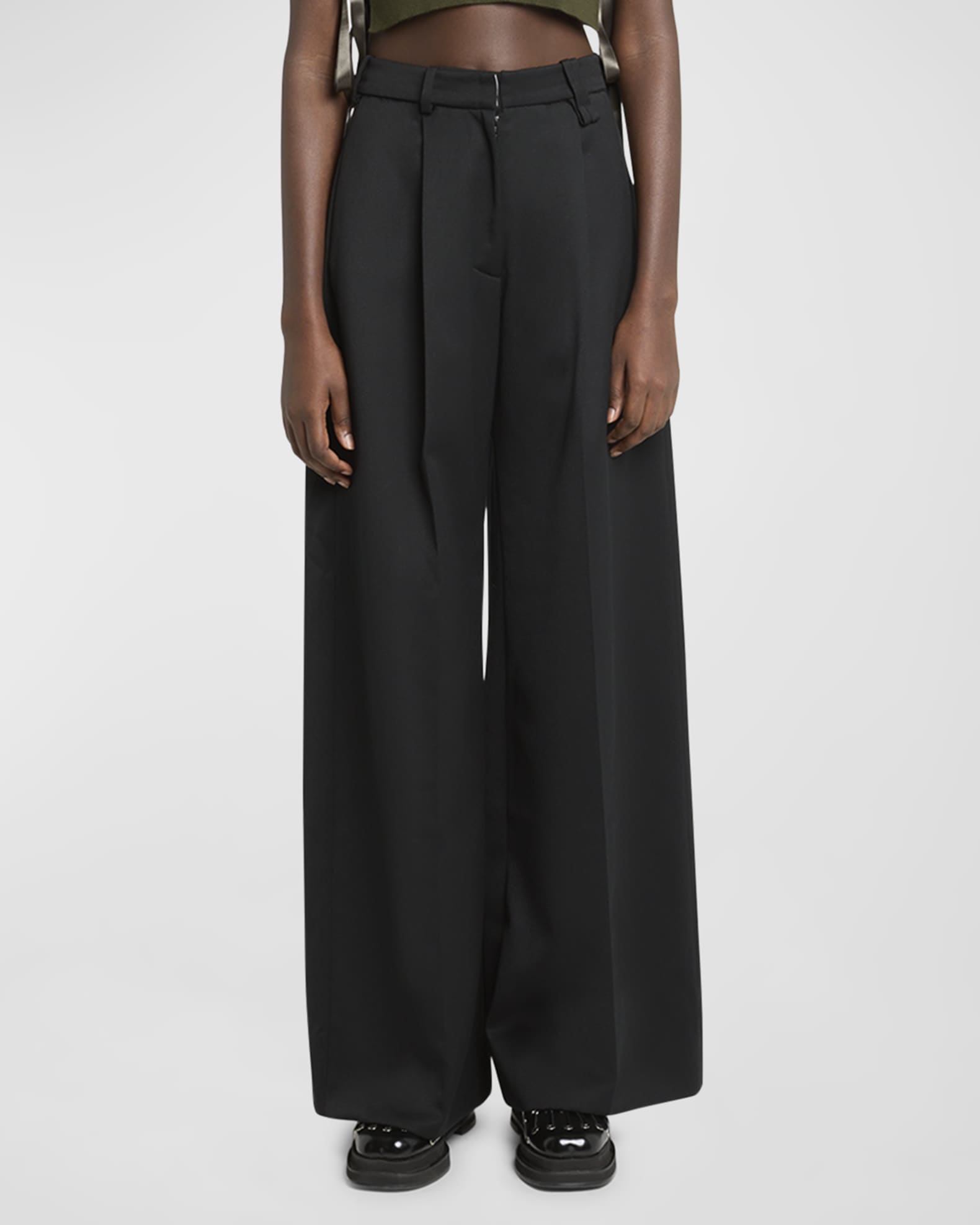 Simone Rocha Faux-Fur Trim Pleated Wide-Leg Trousers | Neiman Marcus