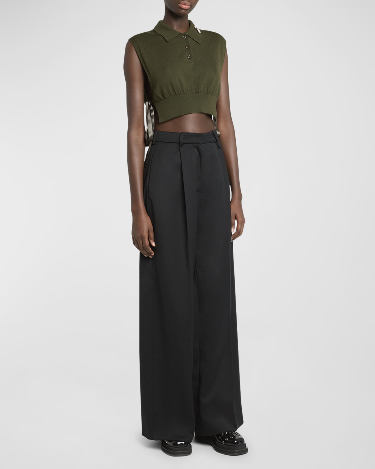 Simone Rocha Faux-Fur Trim Pleated Wide-Leg Trousers | Neiman Marcus