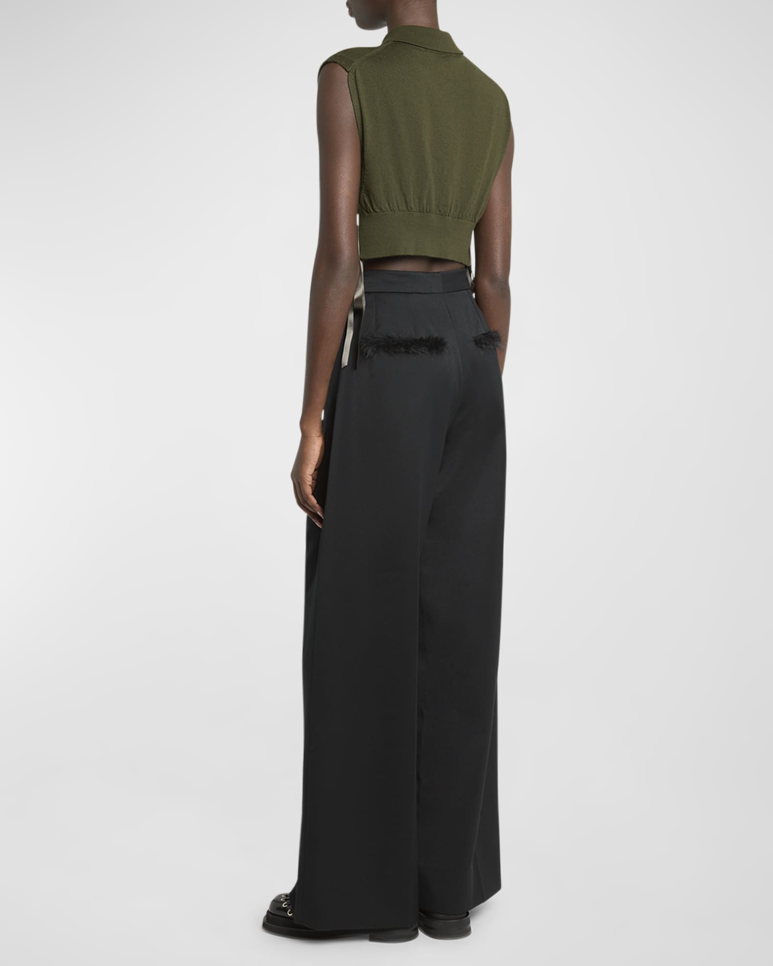 Simone Rocha Faux-Fur Trim Pleated Wide-Leg Trousers | Neiman Marcus