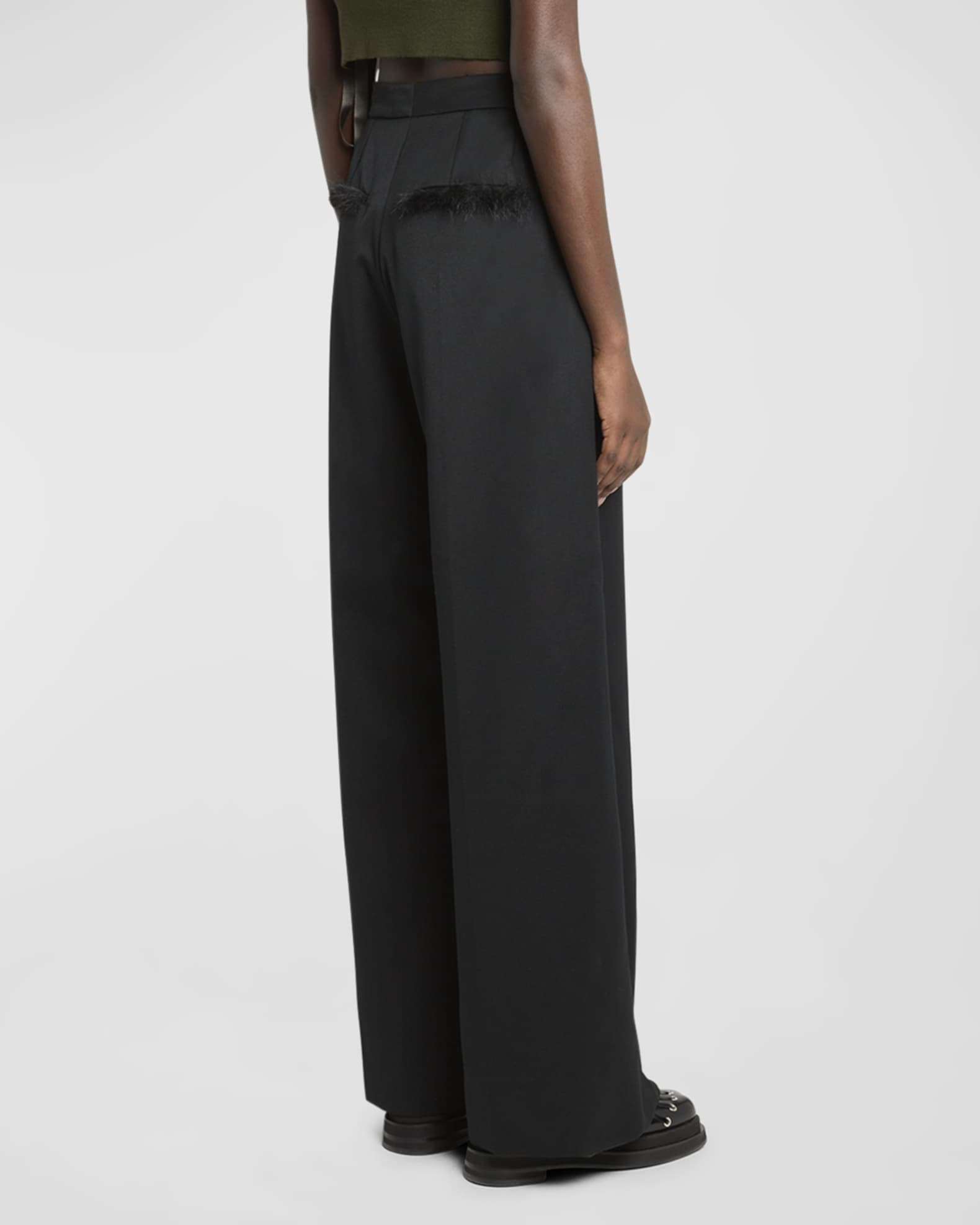 Simone Rocha Faux-Fur Trim Pleated Wide-Leg Trousers | Neiman Marcus