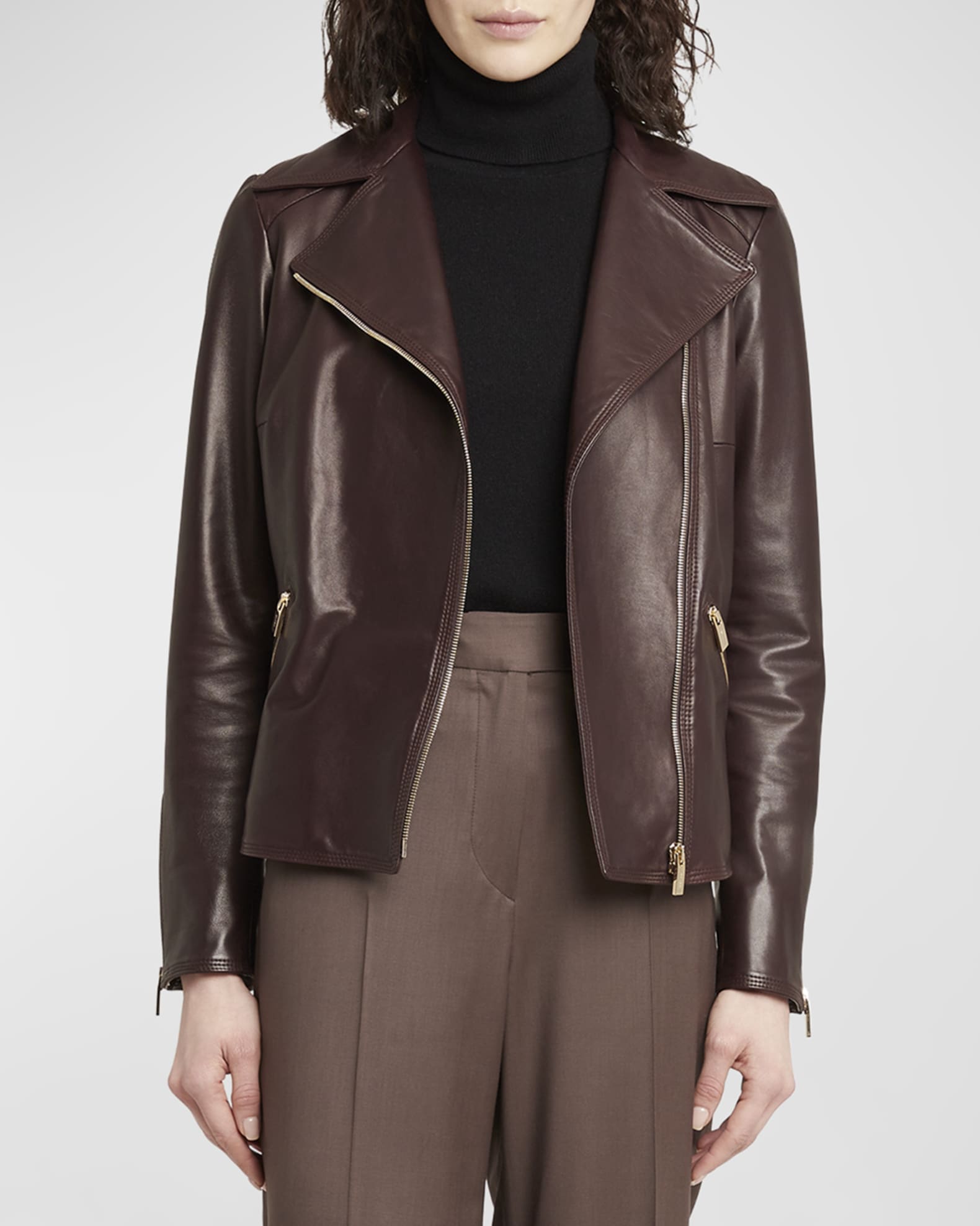 Kiton Golden-Hardware Leather Moto Jacket | Neiman Marcus