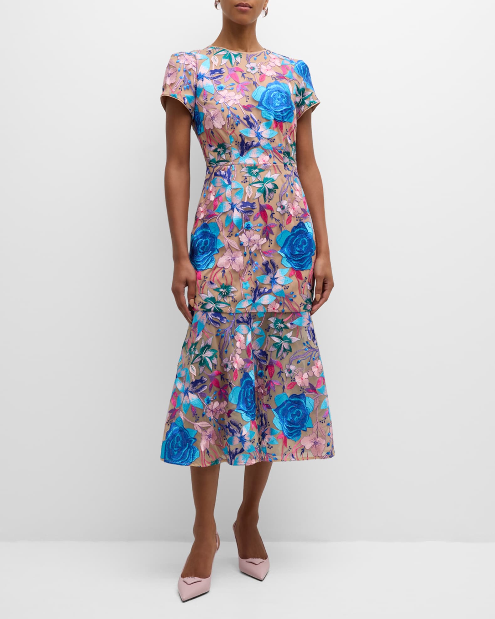 Milly Tahlia Floral-Embroidered Trumpet Midi Dress | Neiman Marcus