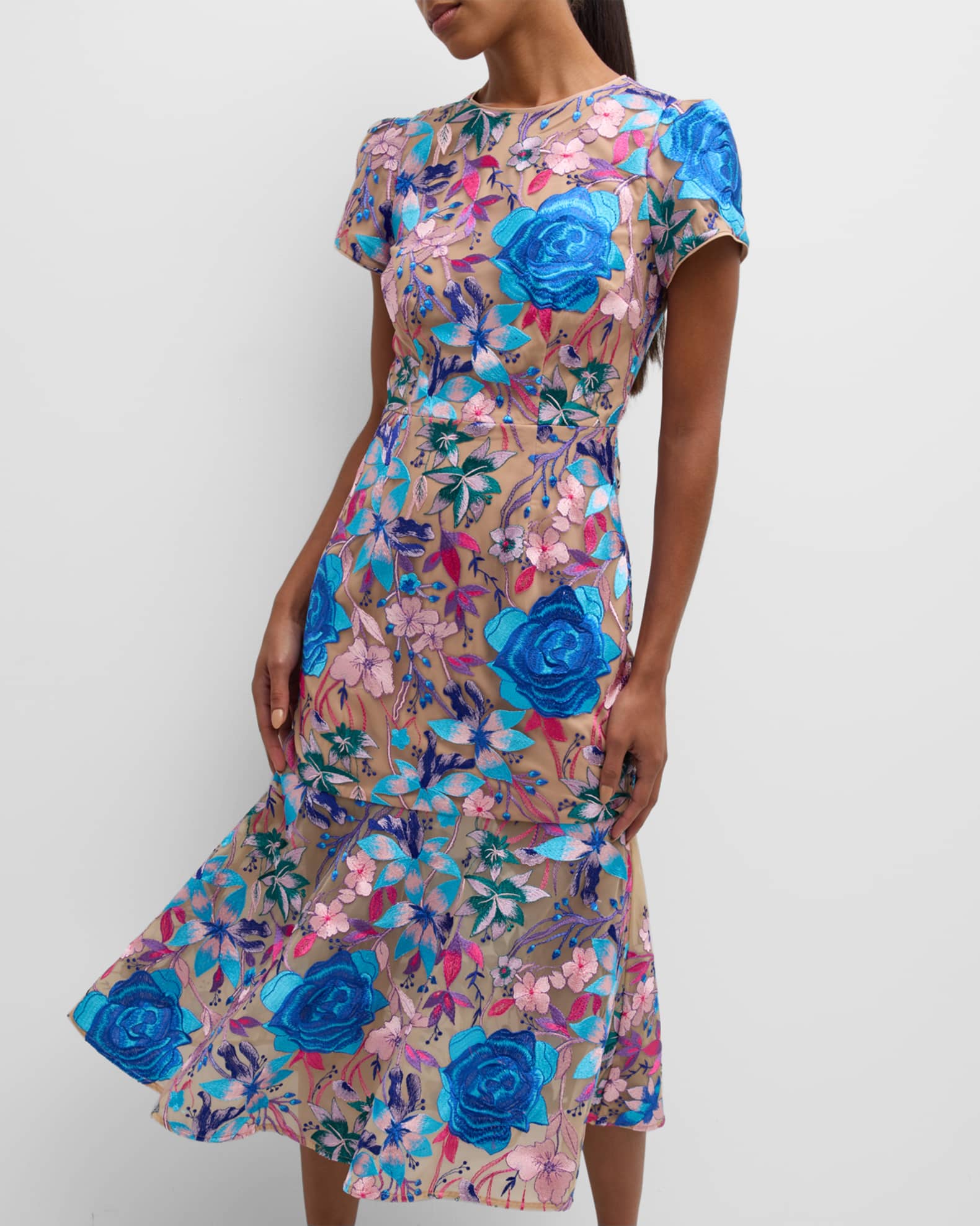 Milly Tahlia Floral-Embroidered Trumpet Midi Dress | Neiman Marcus
