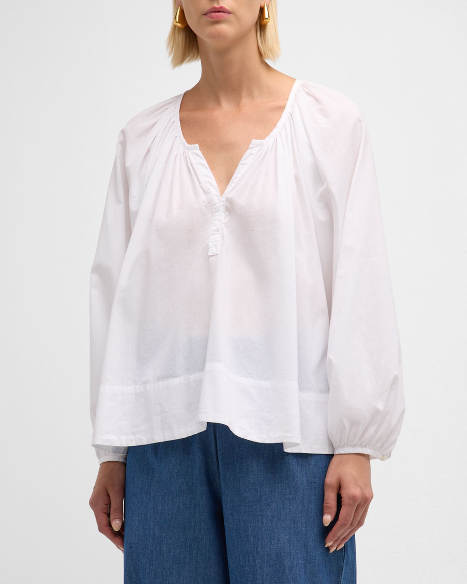 Xirena Harris Ruched Blouson-Sleeve Cotton Top | Neiman Marcus