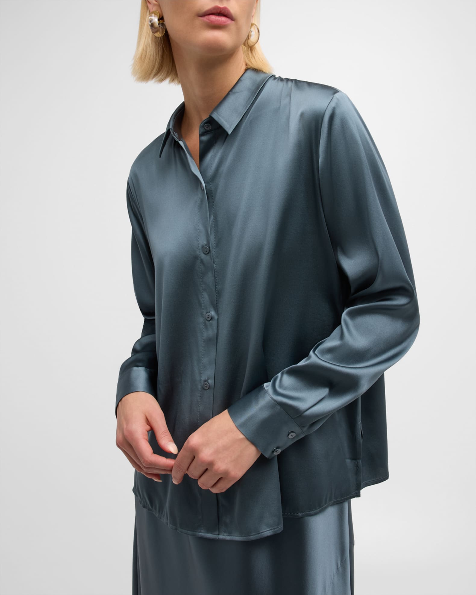 Eileen Fisher Button-Down Silk Charmeuse Shirt | Neiman Marcus