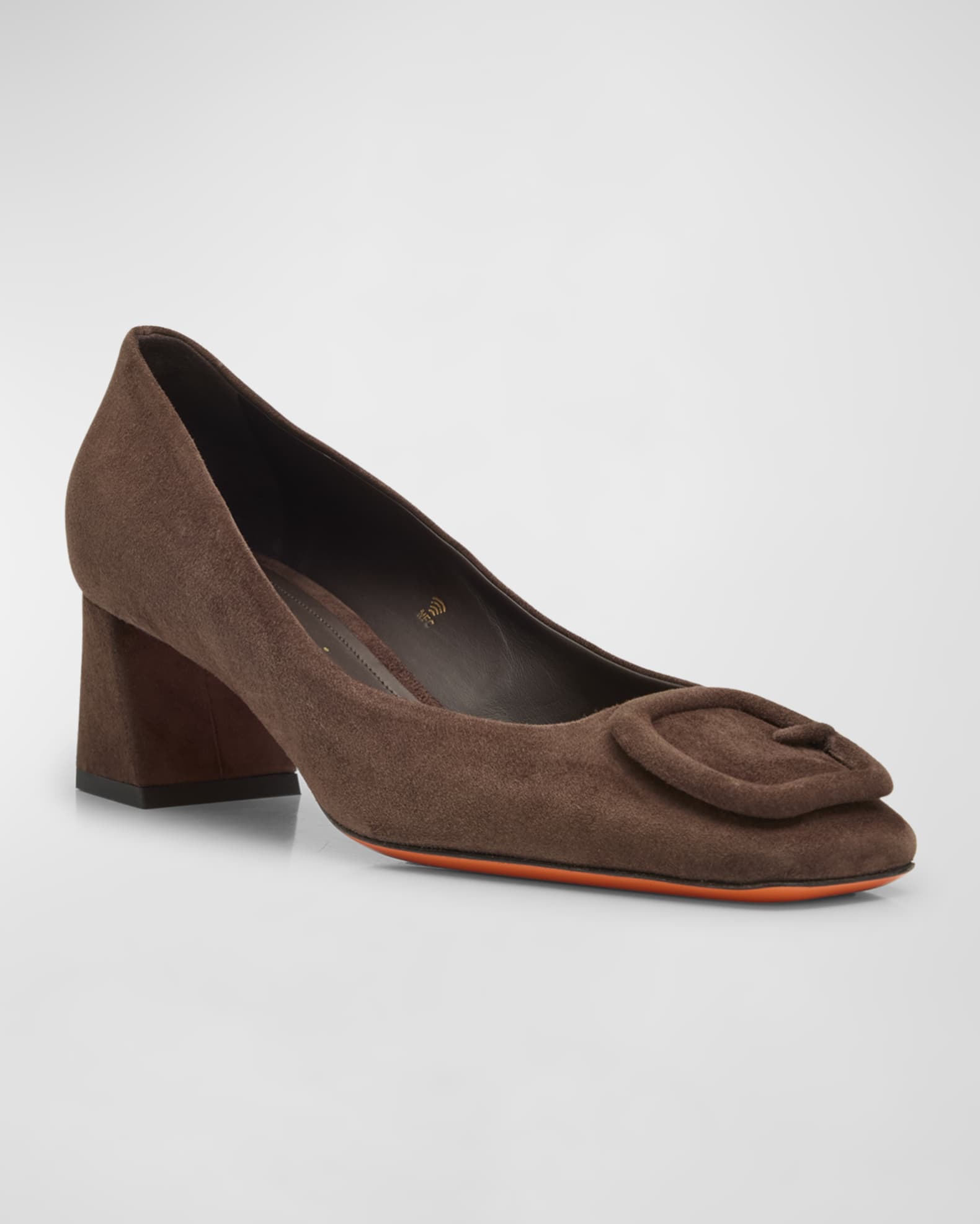 Santoni Suede Buckle Block-Heel Pumps | Neiman Marcus