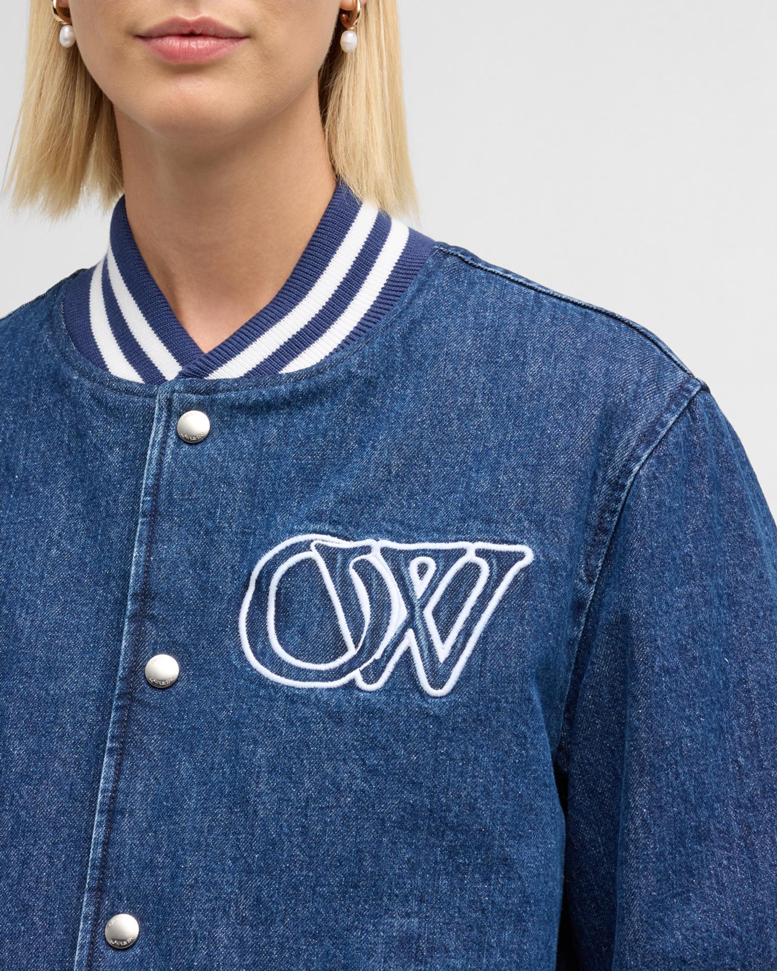 Off-White Logo Embroidered Denim Varsity Bomber Jacket | Neiman Marcus