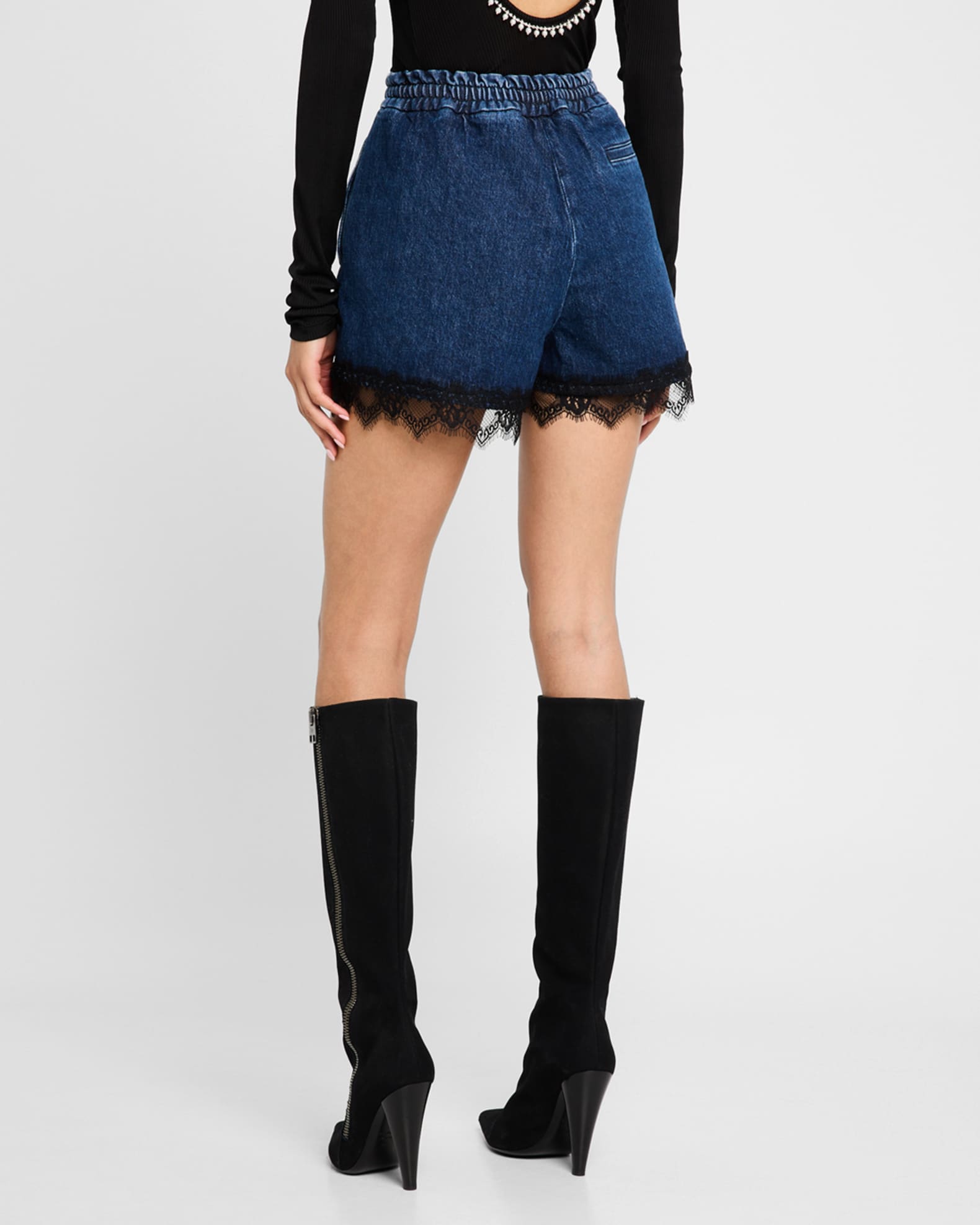 Off-White 20s Lace-Trim Denim Pull-On Shorts | Neiman Marcus