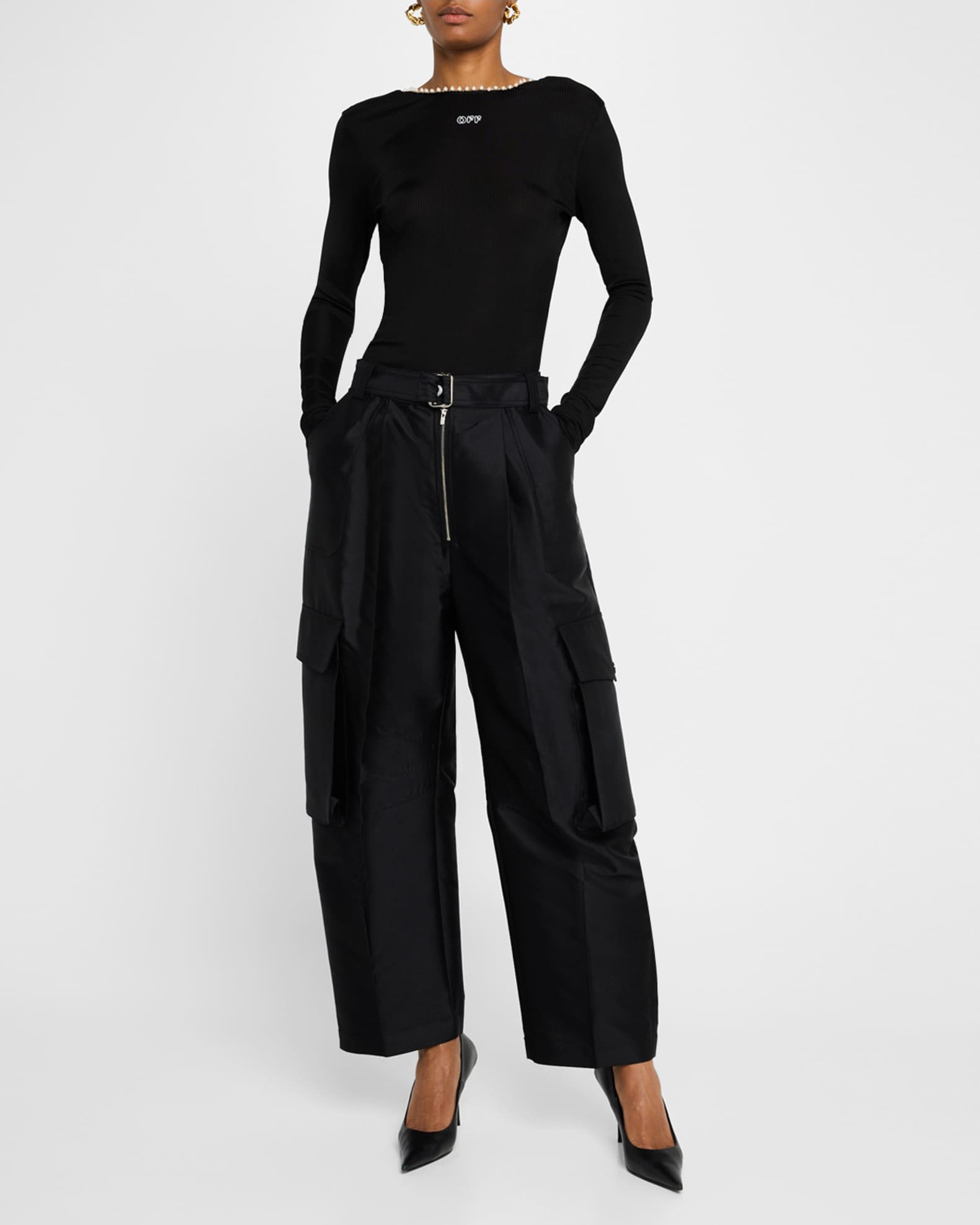 Off-White Beaded Backless Long-Sleeve Rib Top | Neiman Marcus