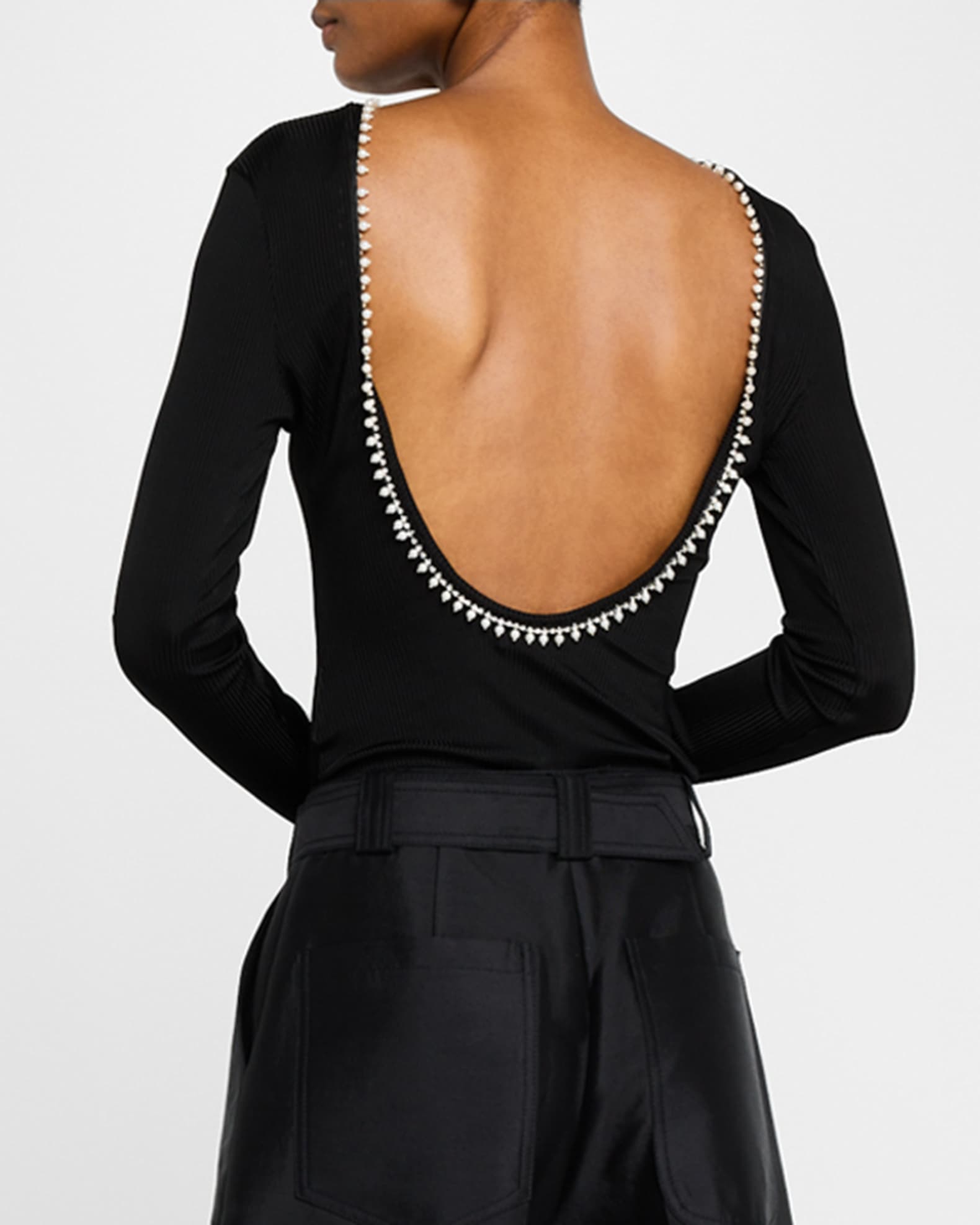 Off-White Beaded Backless Long-Sleeve Rib Top | Neiman Marcus