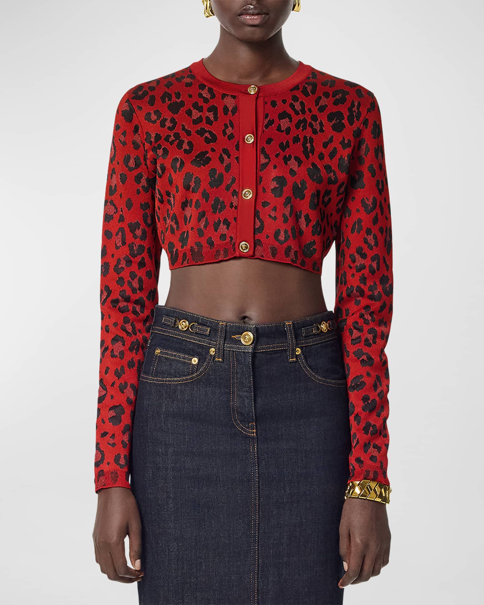 Versace Metallic Animalier Knit Crop Cardigan | Neiman Marcus