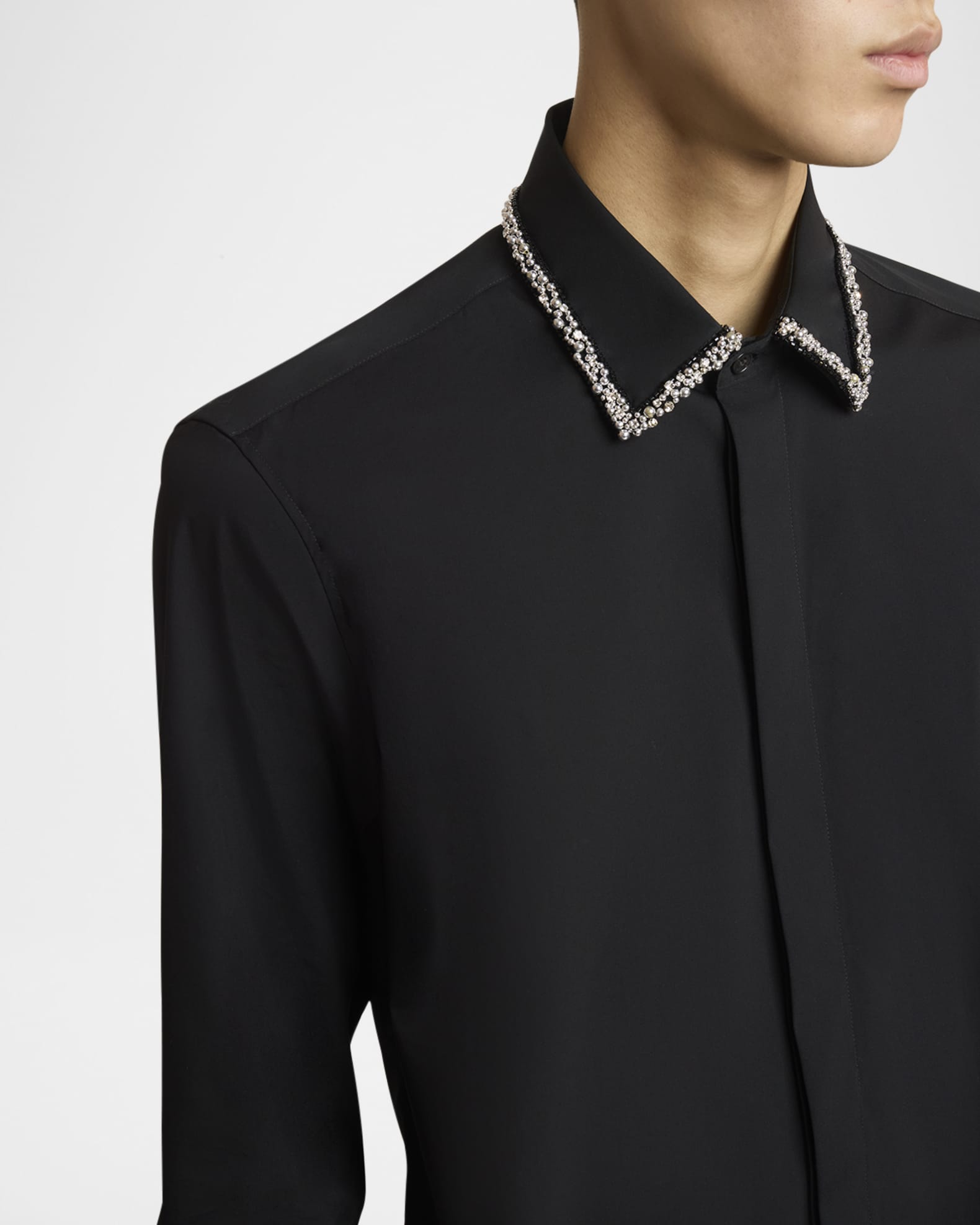 Balmain Men's Poplin Shirt with Strass Collar | Neiman Marcus