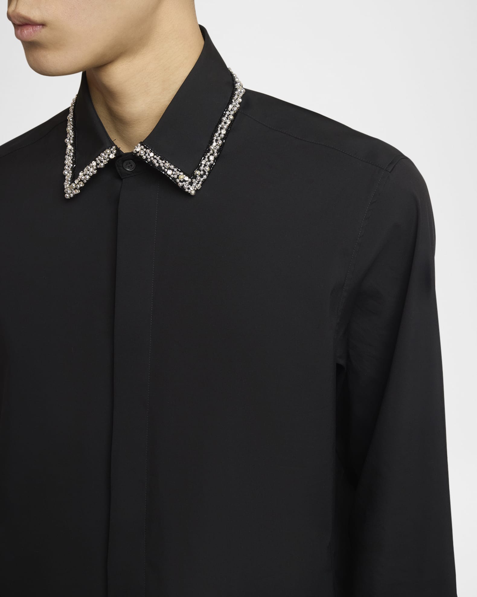 Balmain Men's Poplin Shirt with Strass Collar | Neiman Marcus