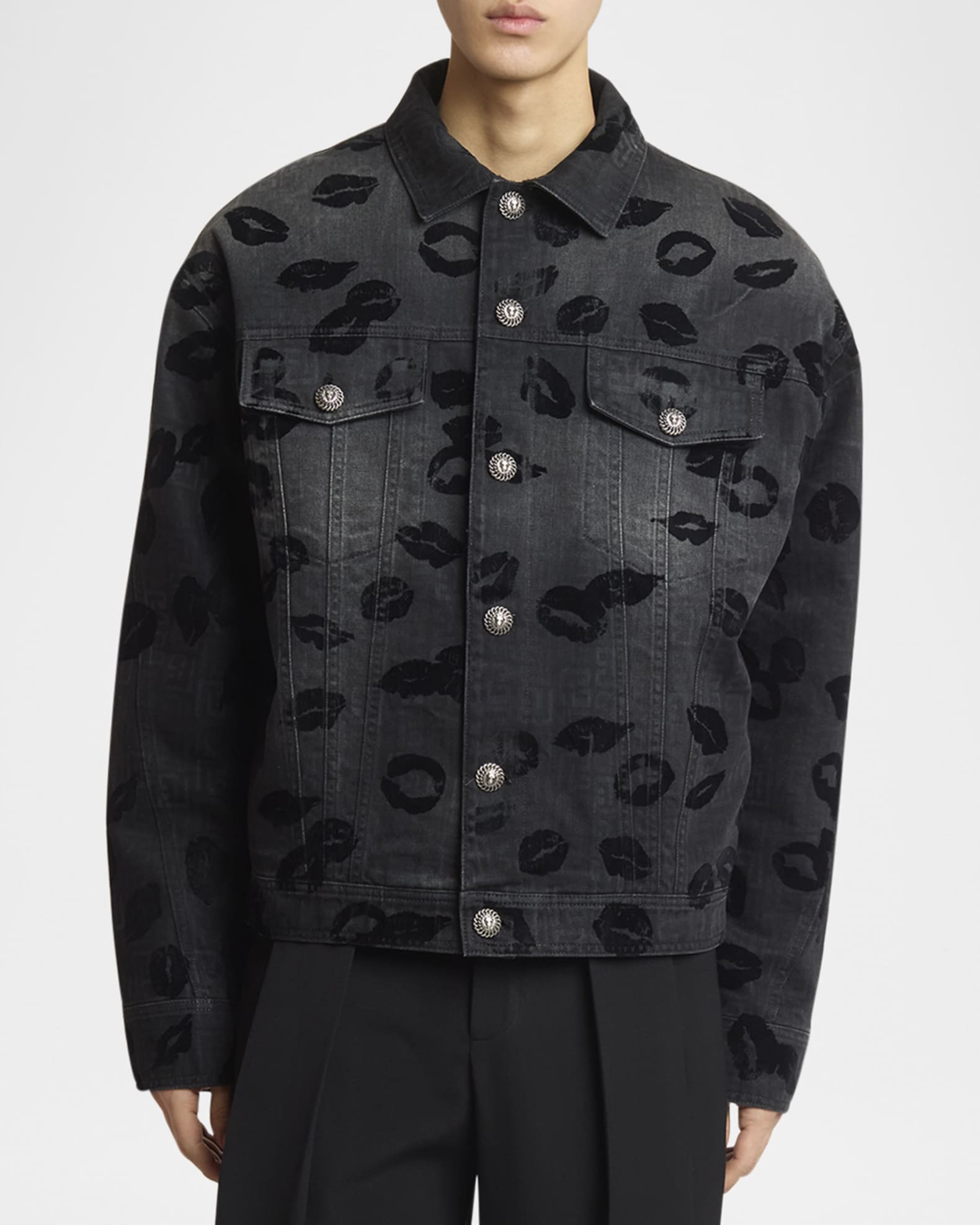 Balmain Men's Flocked Kisses Denim Jacket | Neiman Marcus