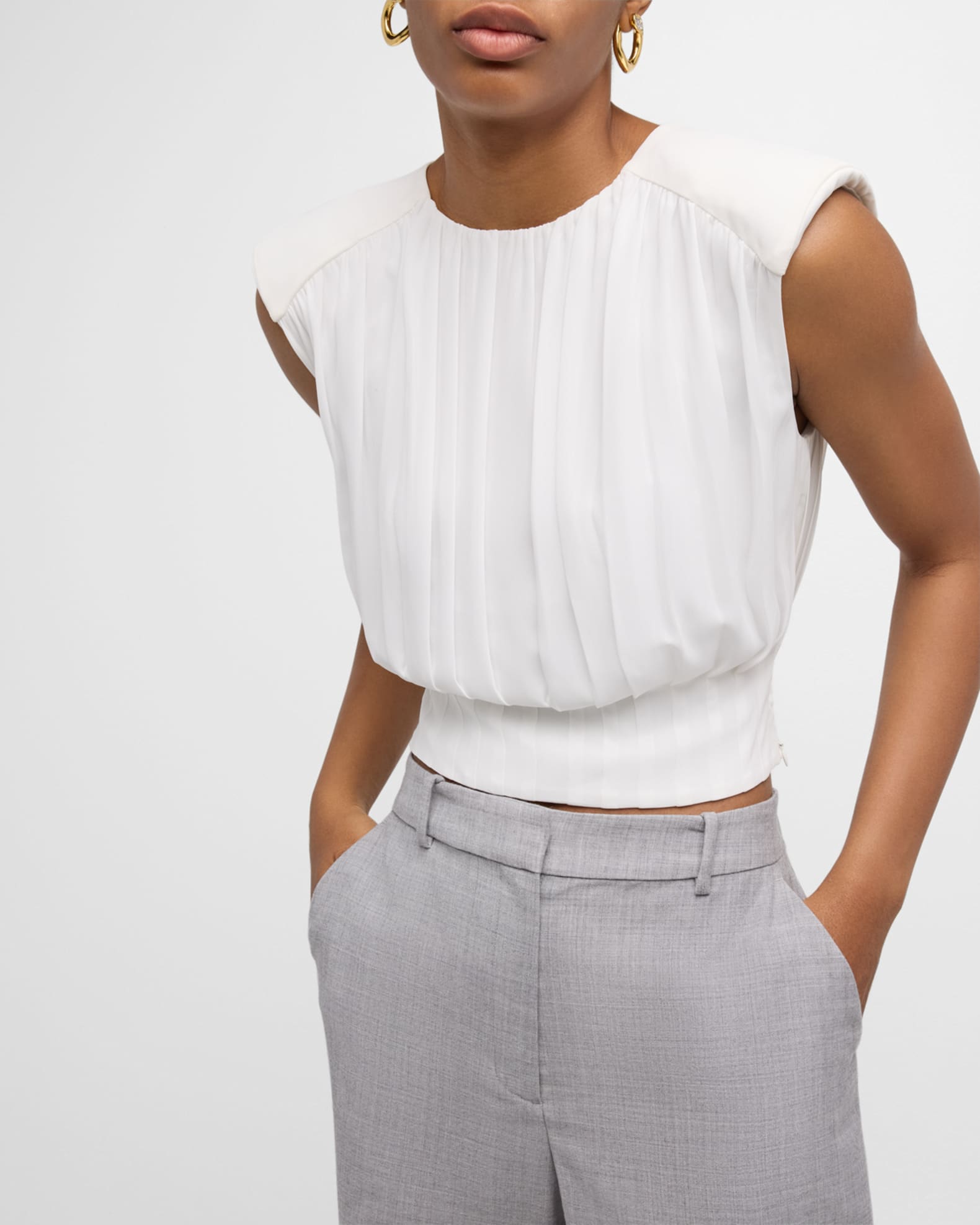 SIMKHAI Matilda Sleeveless Pleated Crop Top | Neiman Marcus