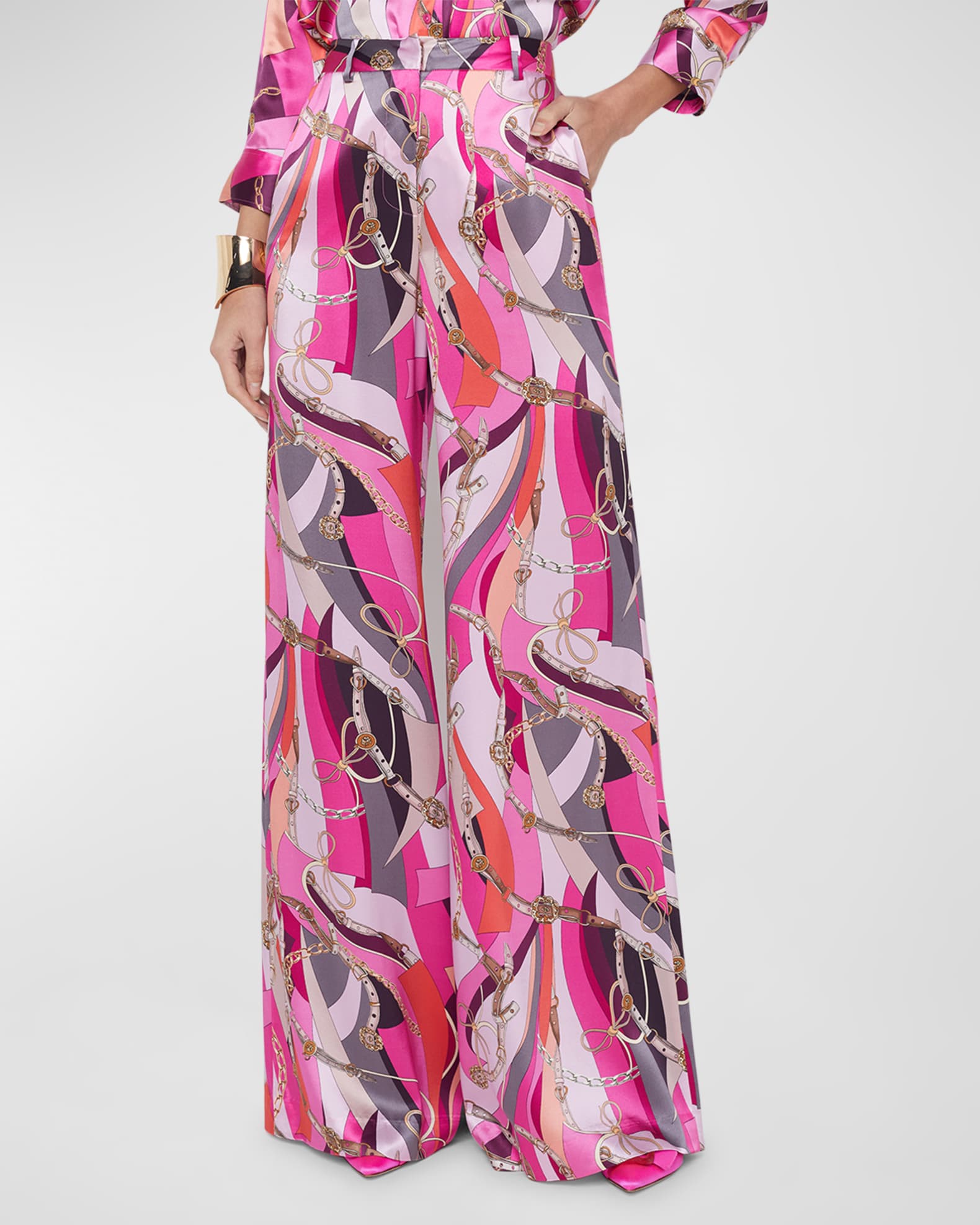 L'Agence Buckle Swirl Pilar Wide-Leg Silk Pants | Neiman Marcus